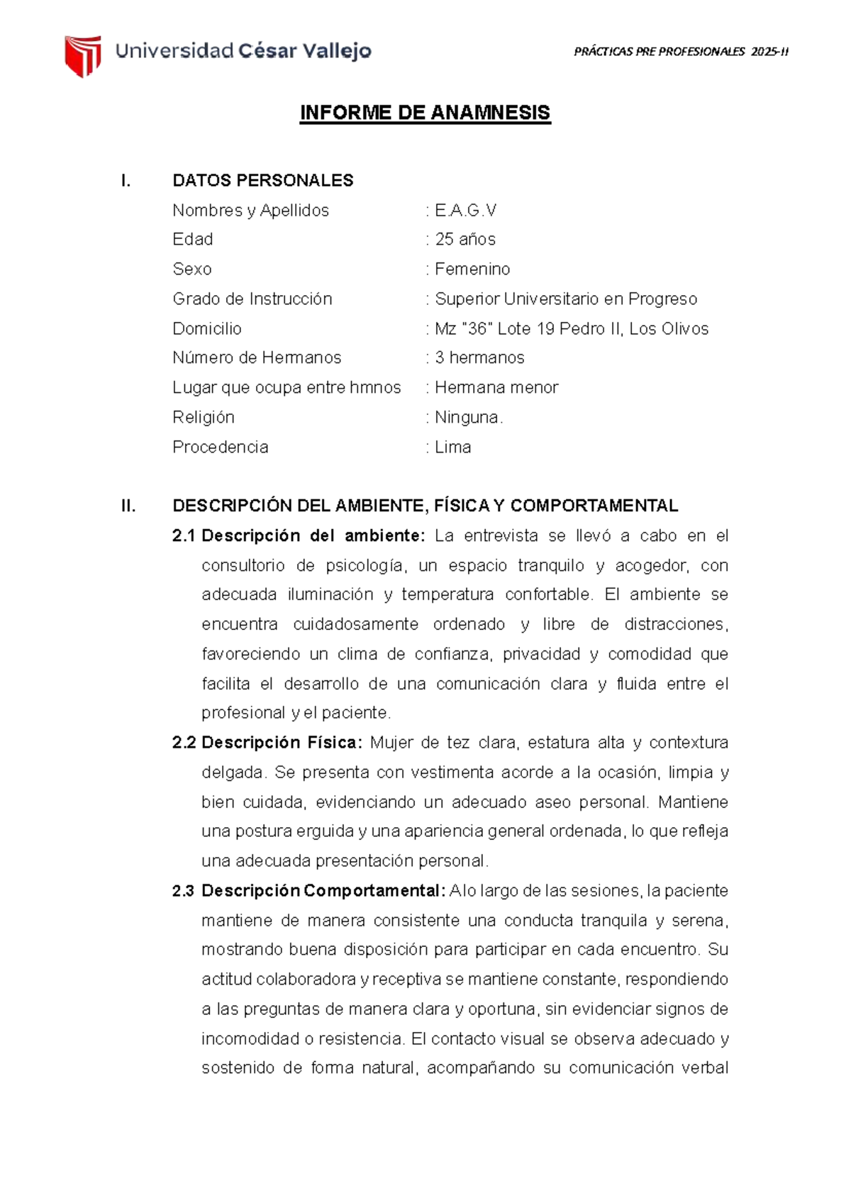 PRÁCTICAS PRE PROFESIONALES: Informe de Anamnesis y Evaluación ...