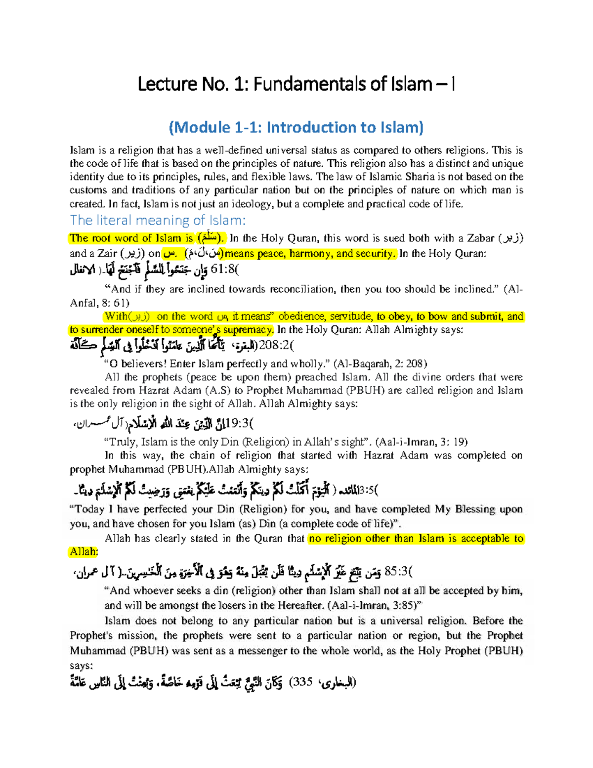 Lecture No. 1: Introduction to Islam - Key Concepts and Beliefs (ISL202 ...