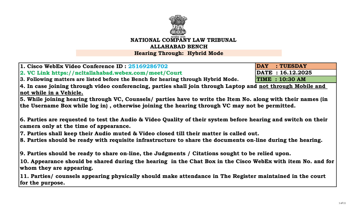 Cause List for NCLT Allahabad Bench - 16 Dec 2025 - Studocu