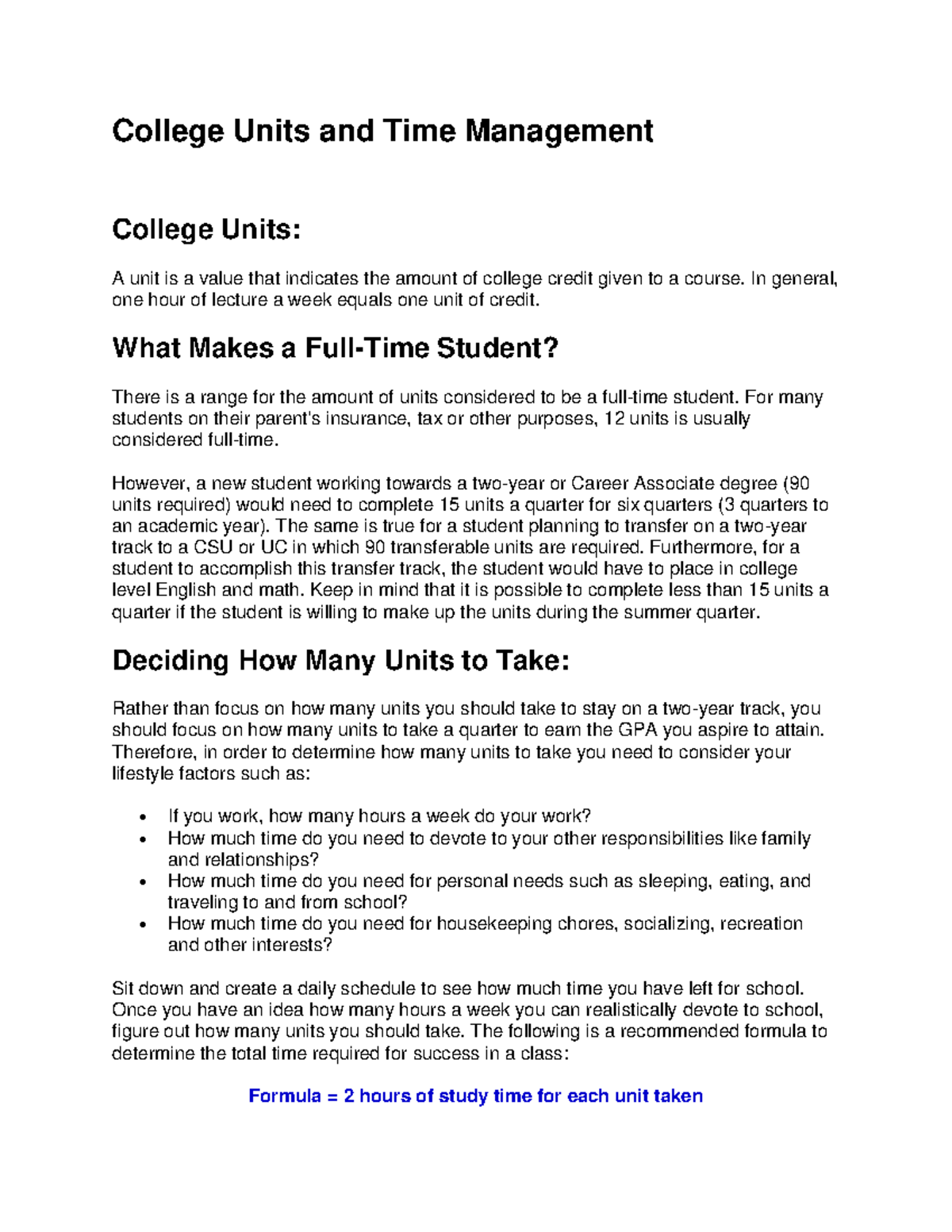 College Units and Time Management - College Units and Time Management ...