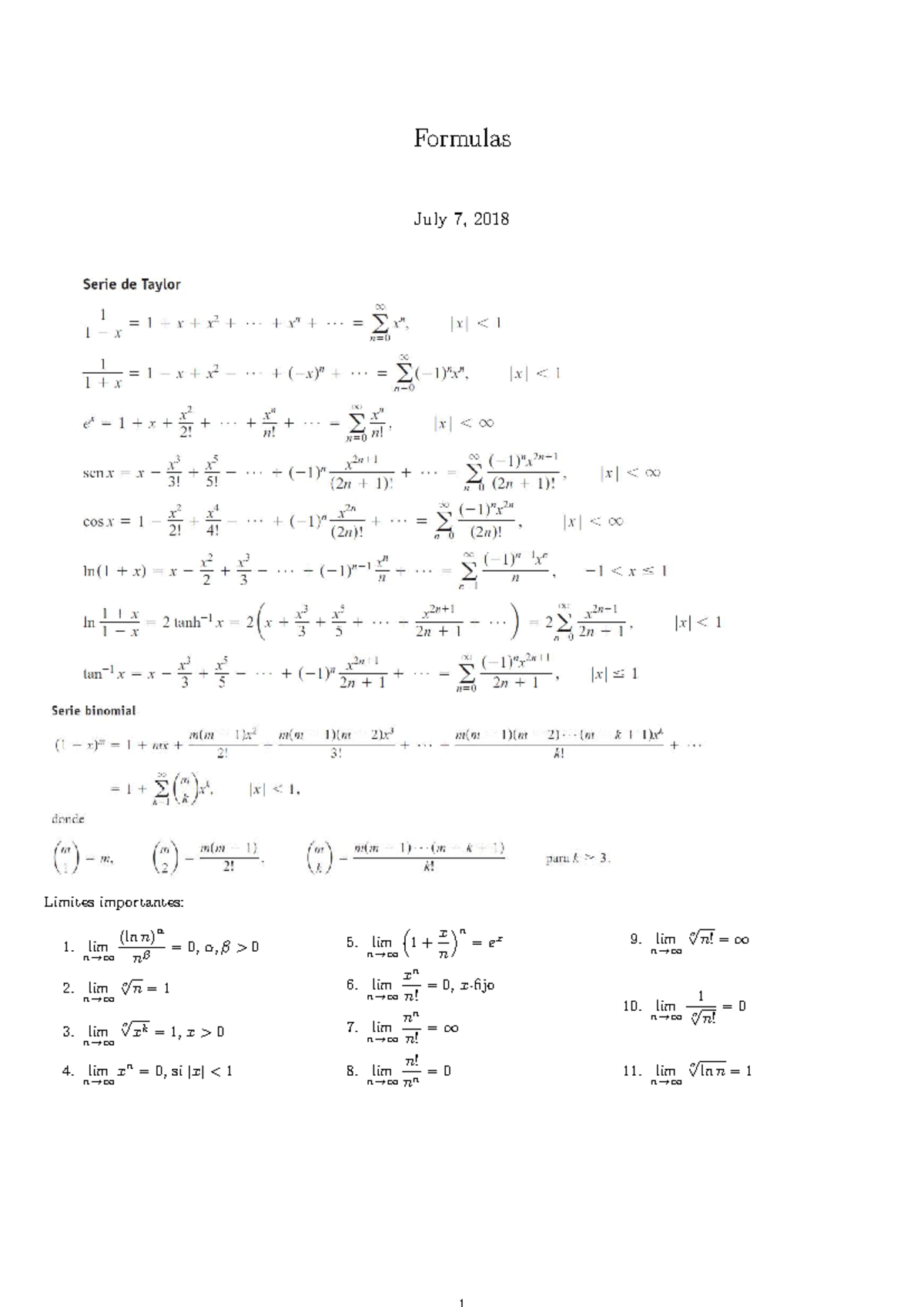 Formulas series-2 - Calculo II - Formulas July 7, 2018 Limites ...