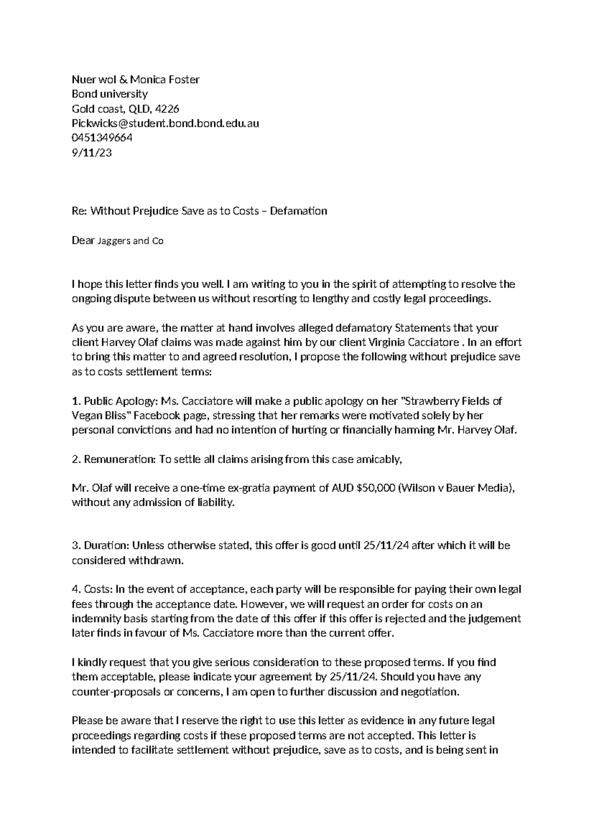 Calderbank Letter: Settlement Proposal in Defamation Case - Studocu