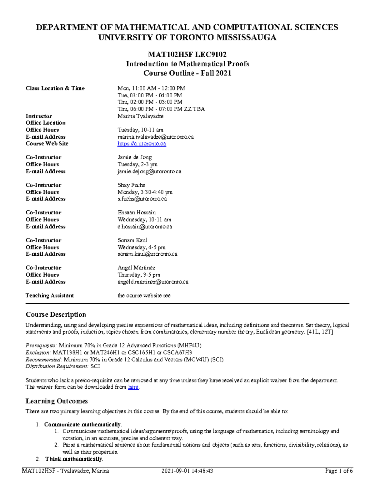 MAT102H5F LEC9102 Introduction to Mathematical Proofs Course Outline Fall 2021 - Studocu