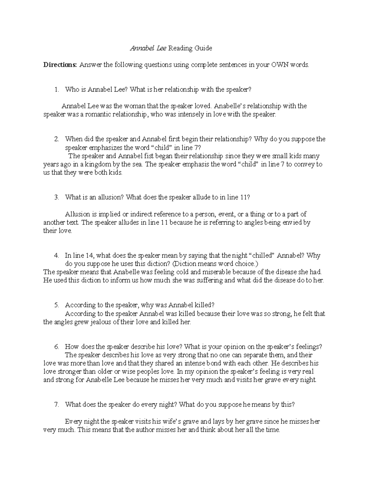 ENG 201: Annabel Lee Reading Guide with Key Discussion Questions - Studocu