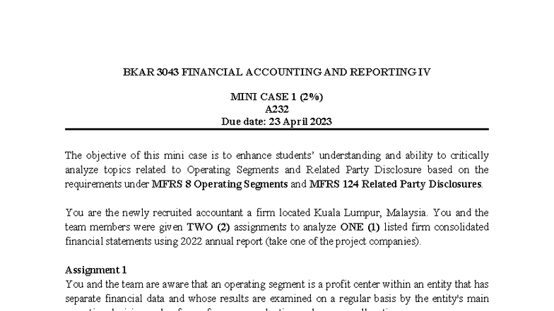 BKAR 3043 Financial Accounting & Reporting IV Mini Case 1 Analysis ...
