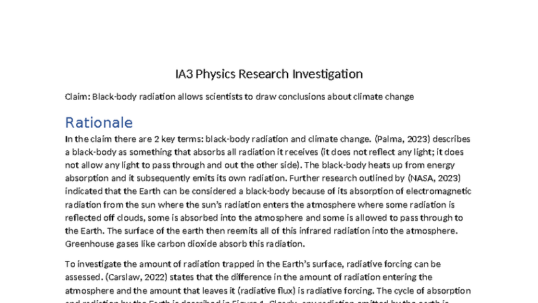 IA3 Physics Research Investigation: Radiation and Climate Change ...
