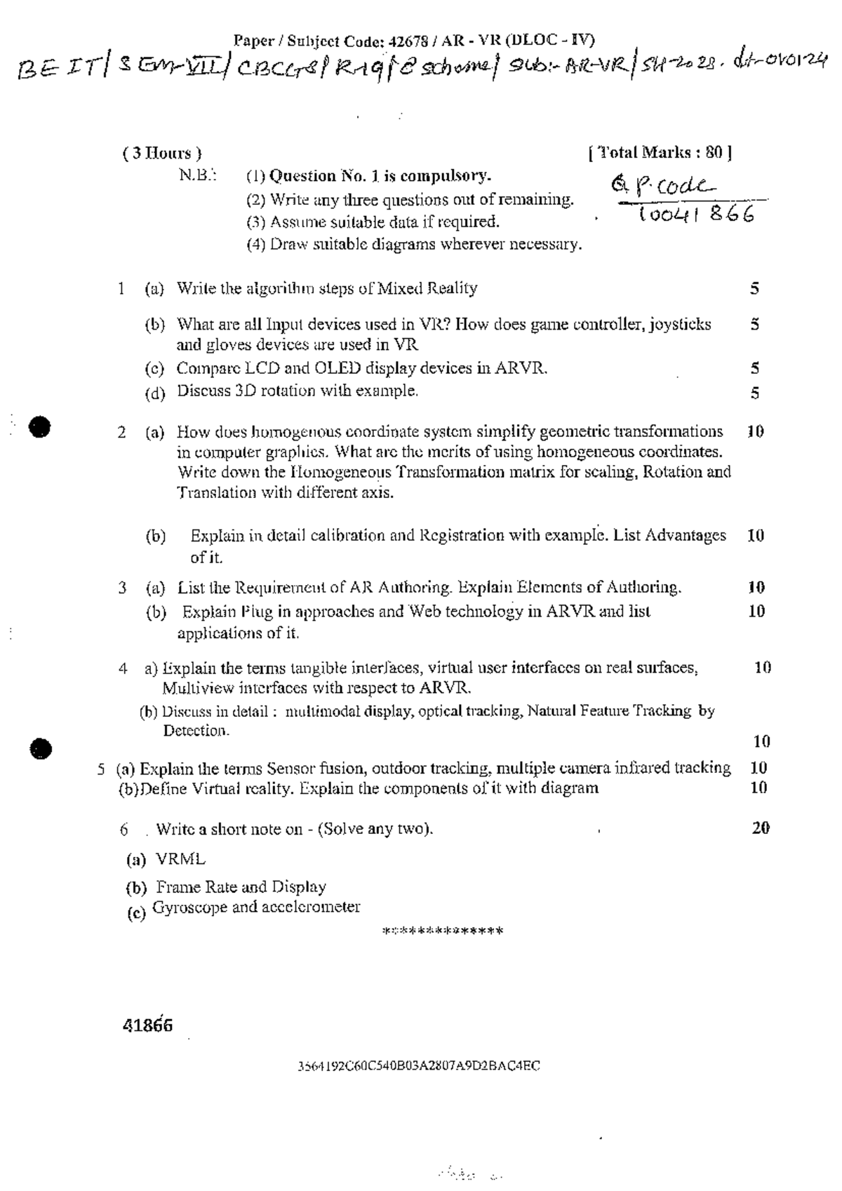 VR (DLOC IV) BEIT Final Exam Paper: Mixed Reality & ARVR Concepts - Studocu