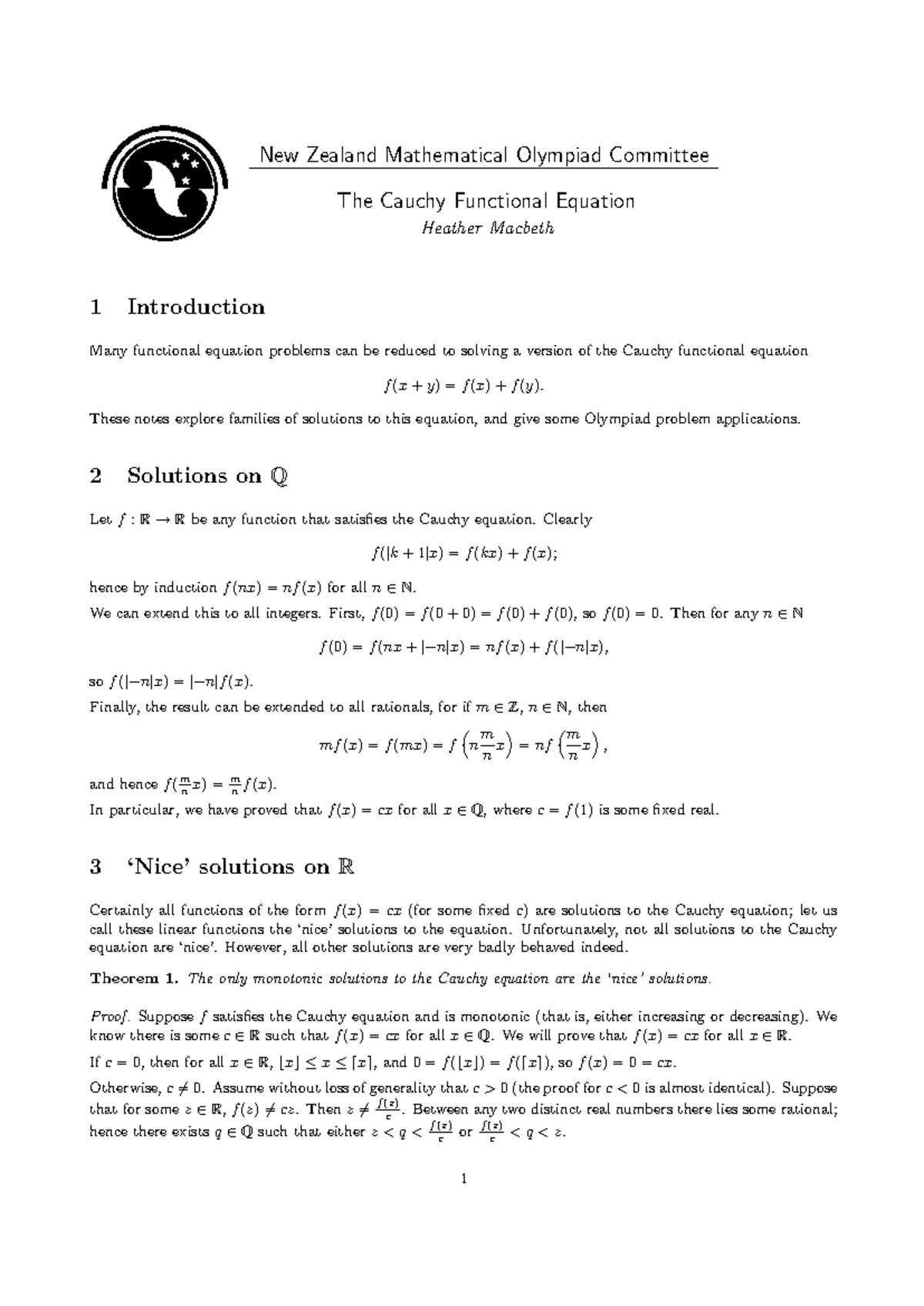Cauchy Functional Equation Insights - NZ Math Olympiad Notes - Studocu