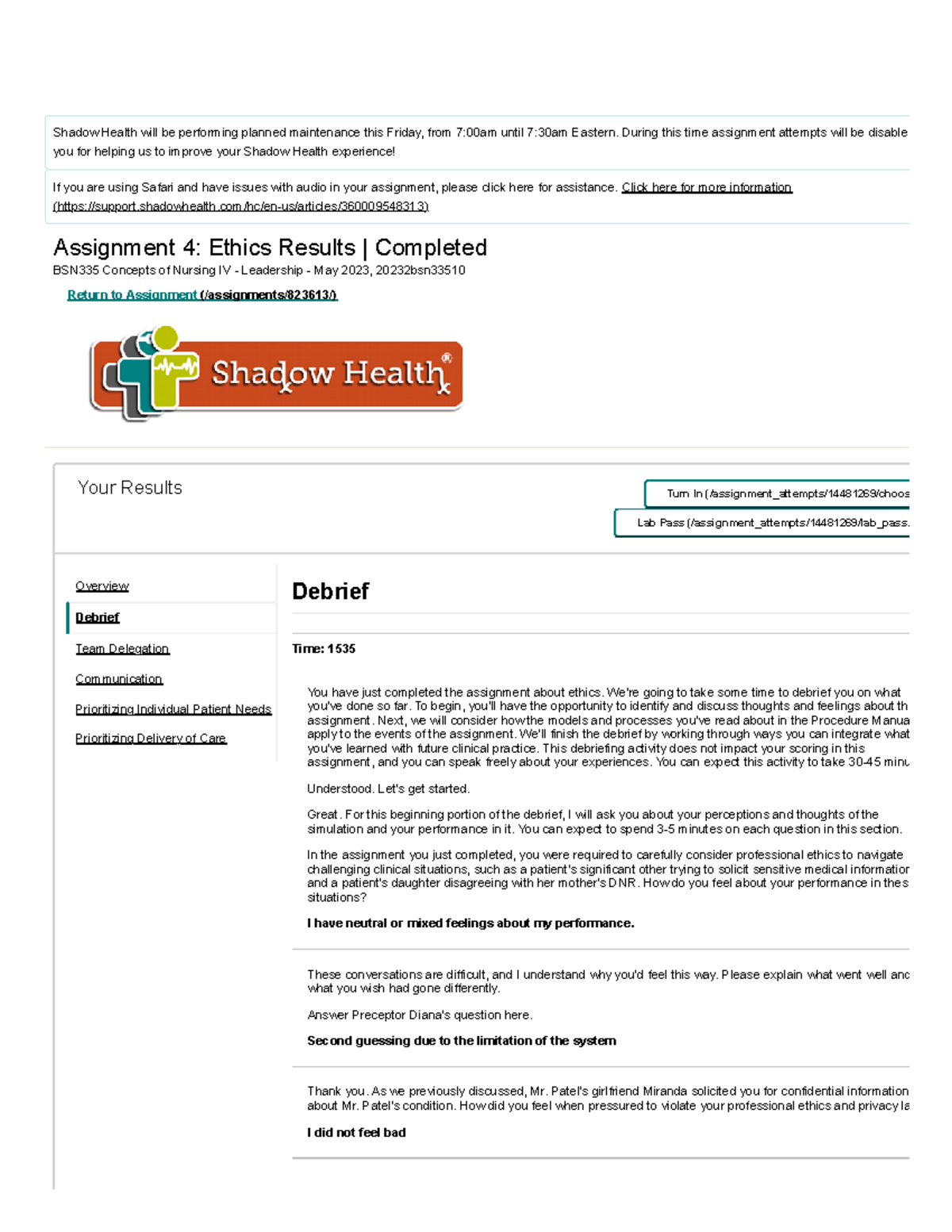 Shadow Health 2 - Assignment 4: Ethics Results | Completed BSN335 ...