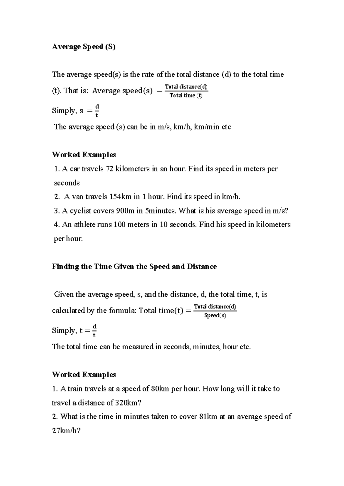 Rates and Travel Graph( Distance Time graph) - Average Speed (S) The ...