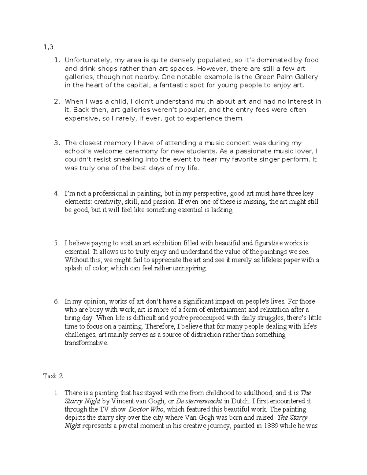 Art Appreciation Reflections: Insights from Personal Experiences - Studocu