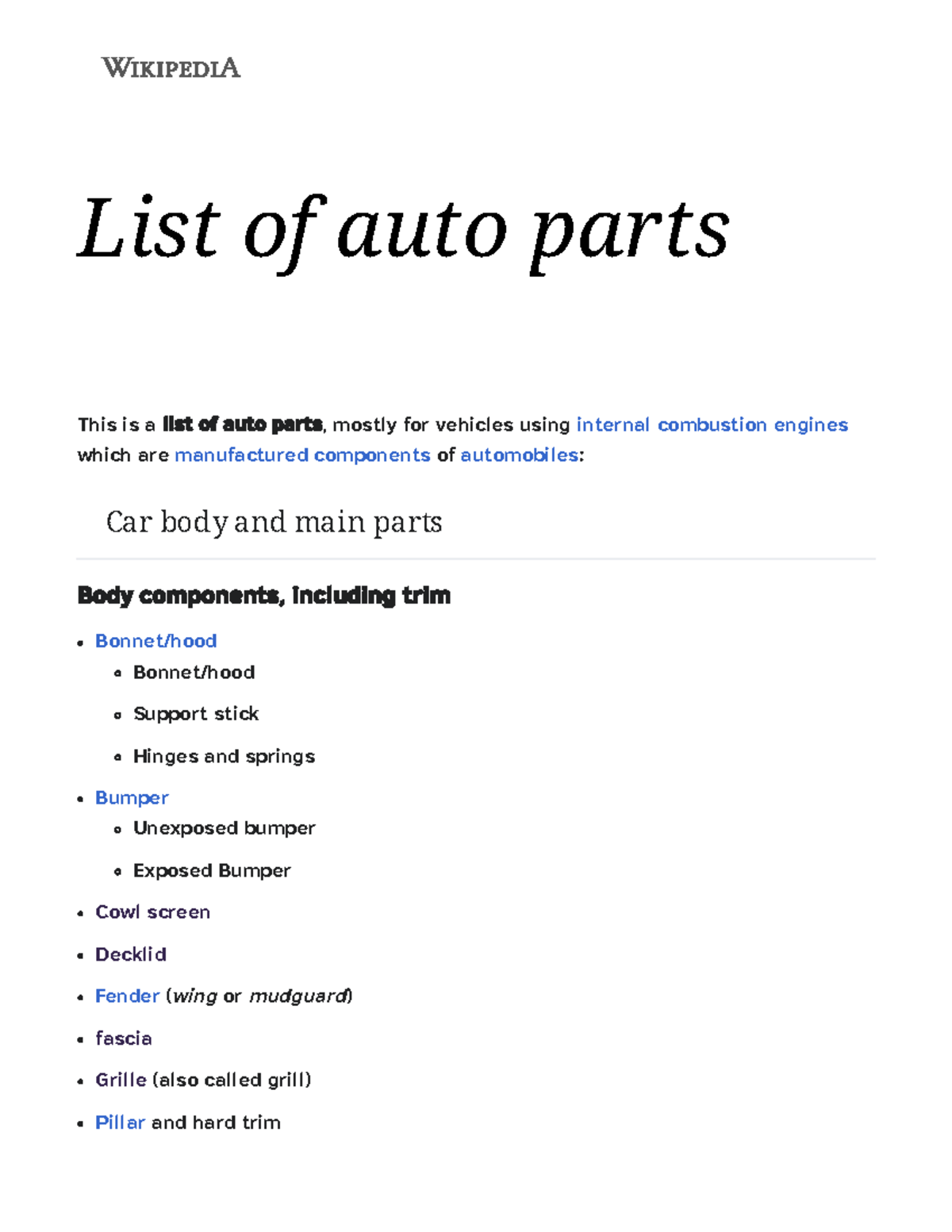 List of auto parts - Wikipedia - List of auto parts This is a list of ...