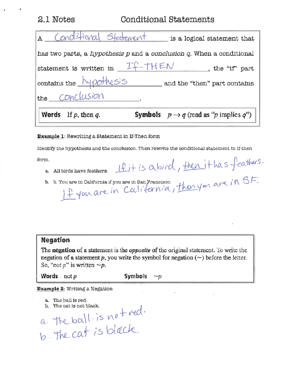 Conditional Statements and Negations: Key Notes for 2.1 - Studocu