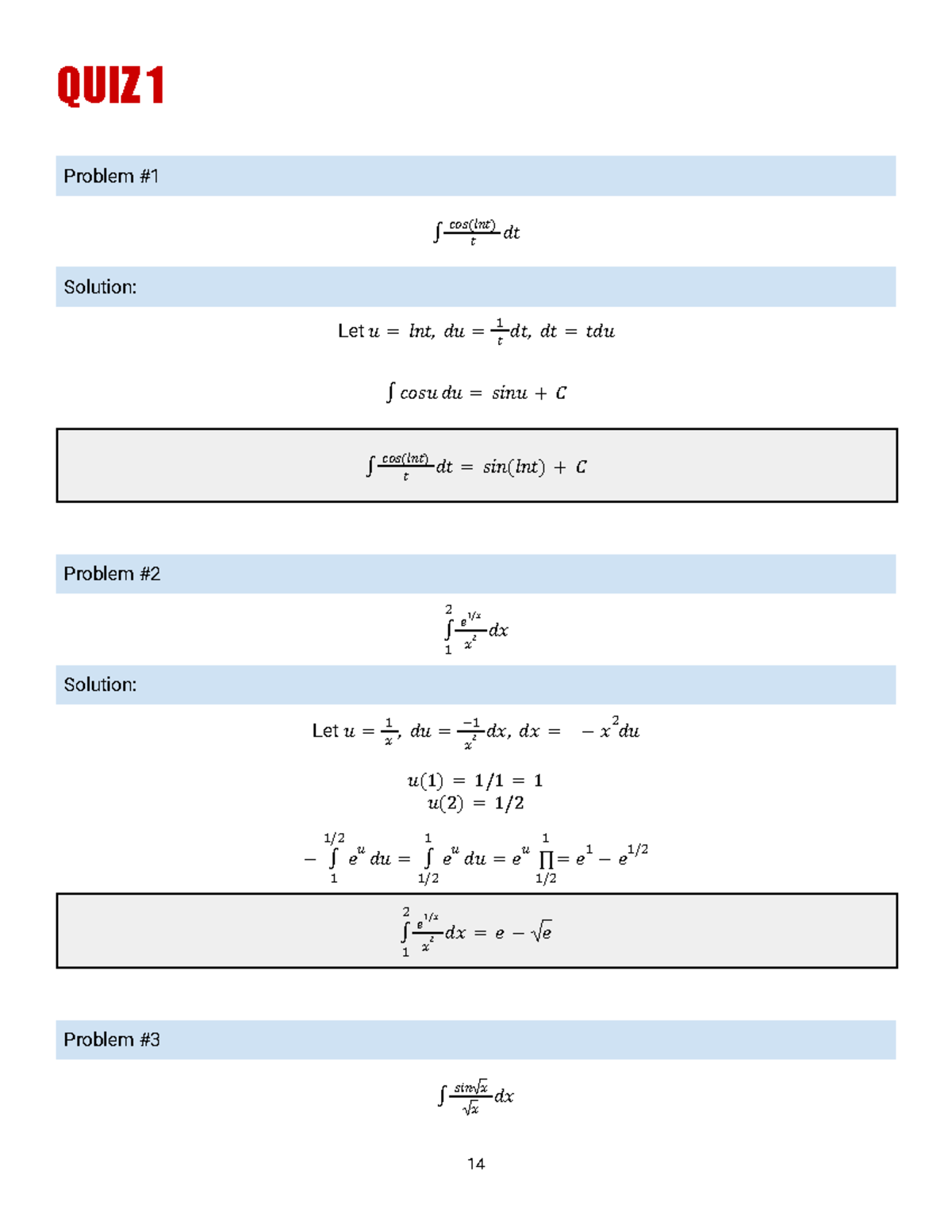 Quiz 1: Integral Calculus Problems and Solutions - Studocu