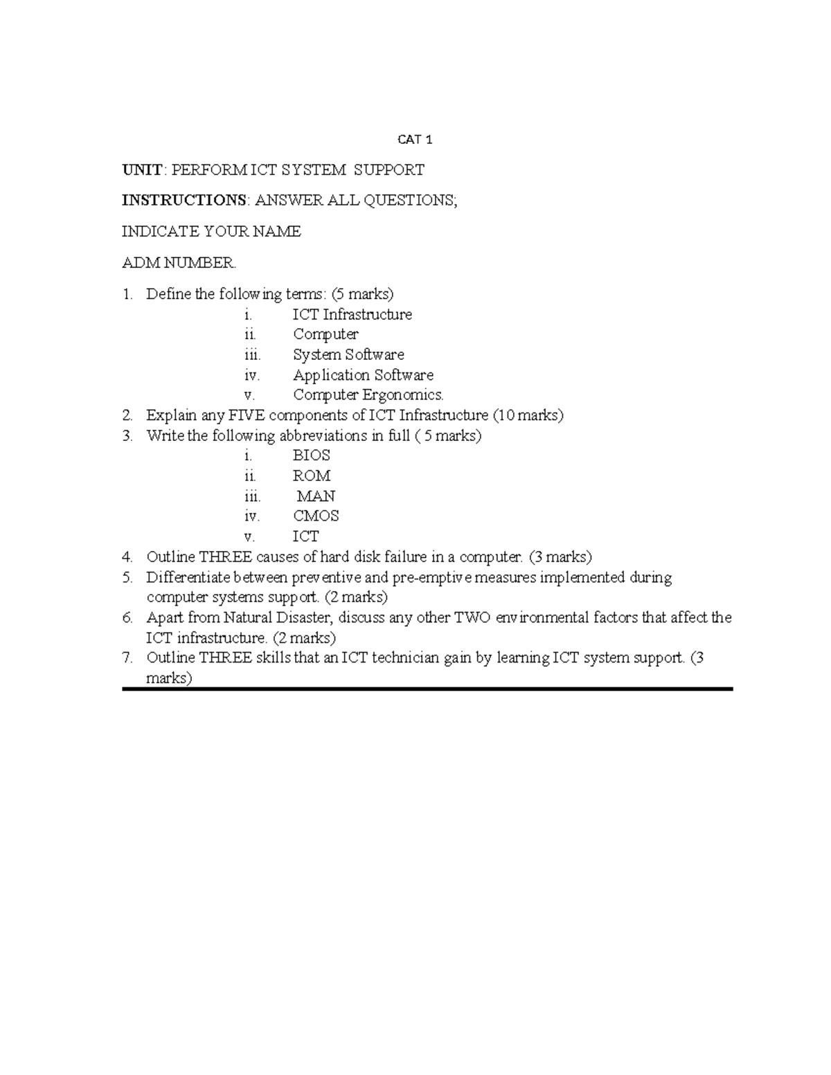 CAT 1: ICT System Support - Definitions, Components & Skills - Studocu