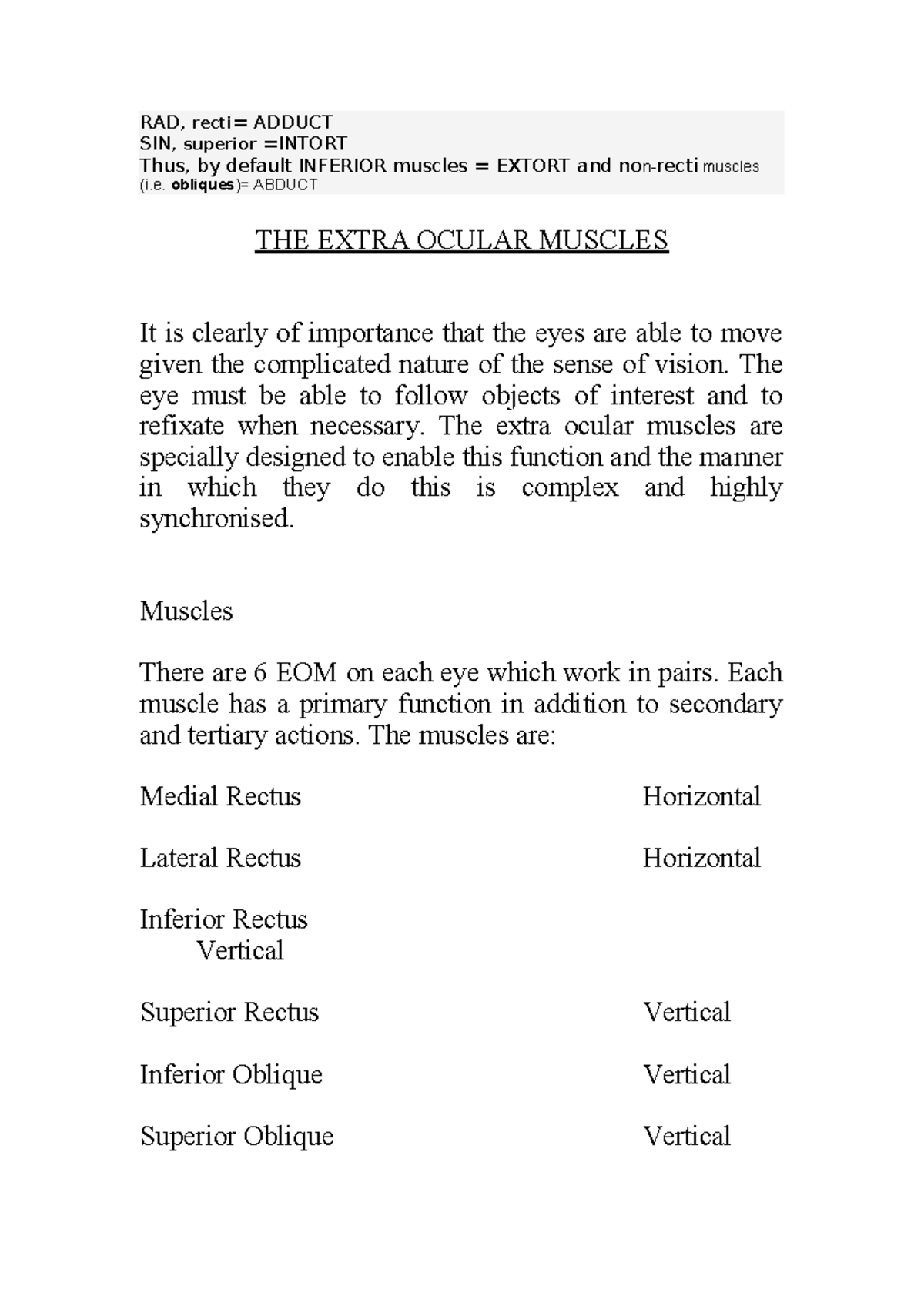 Muscles - EOM Anatomy & Physiology Study Guide (RAD) - Studocu