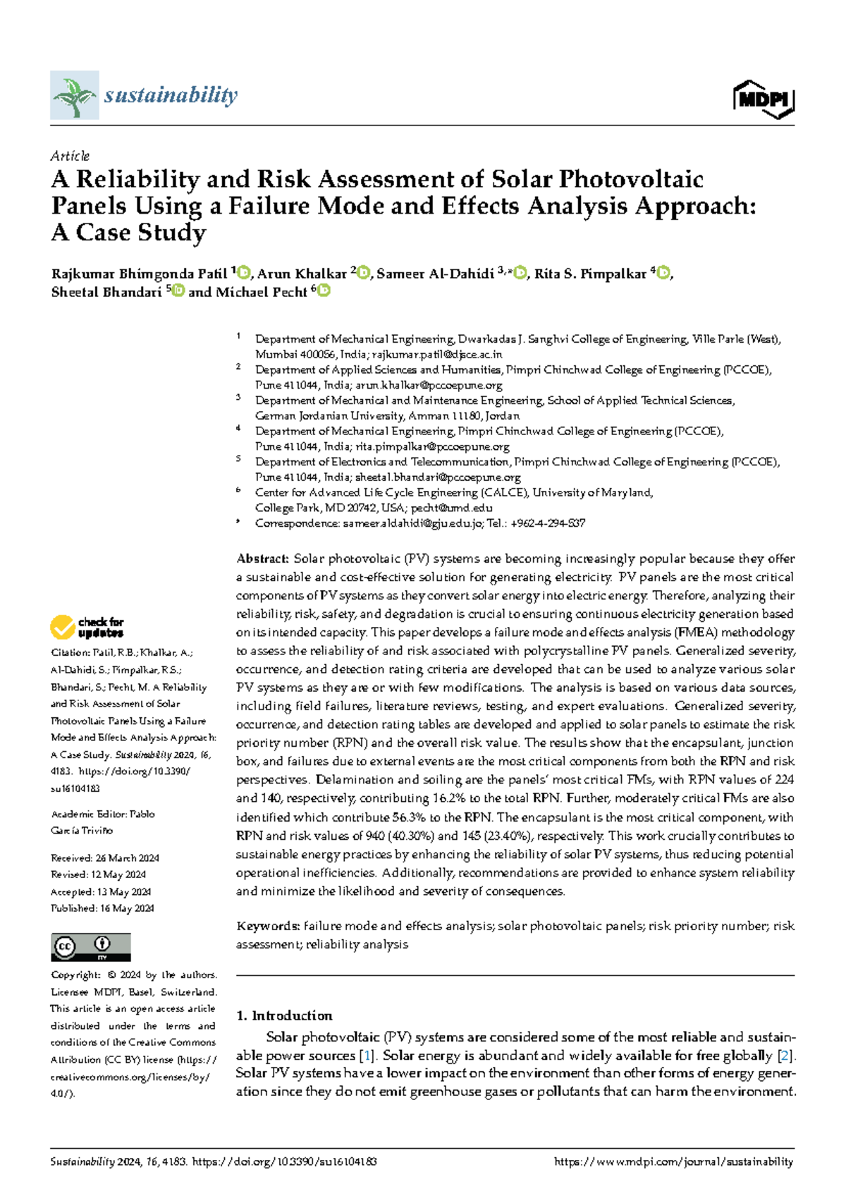 Reliability and Risk Assessment of Solar PV Panels: FMEA Case Study (ME ...