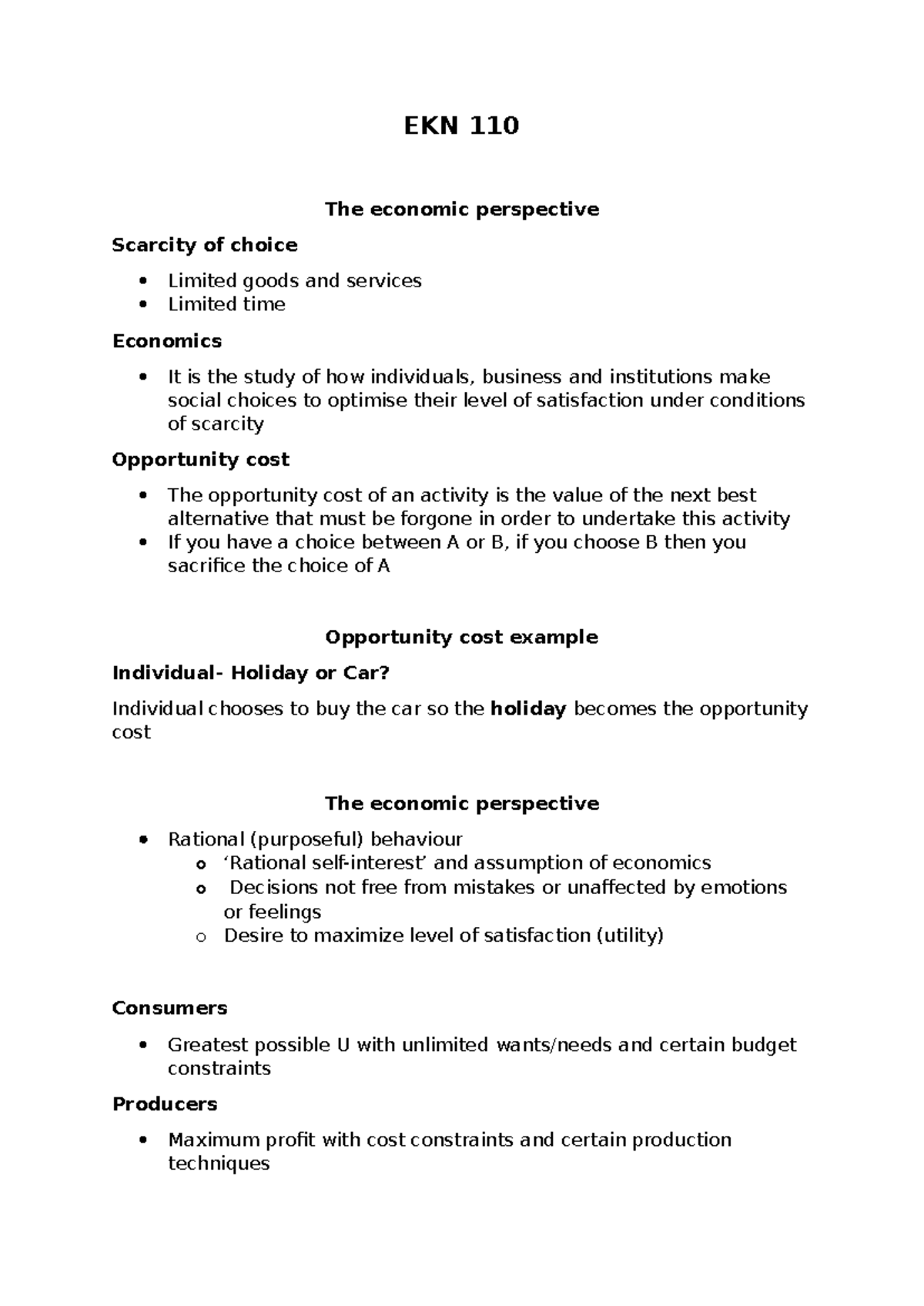EKN 110 Lecture Notes: Economic Perspectives and Key Concepts - Studocu