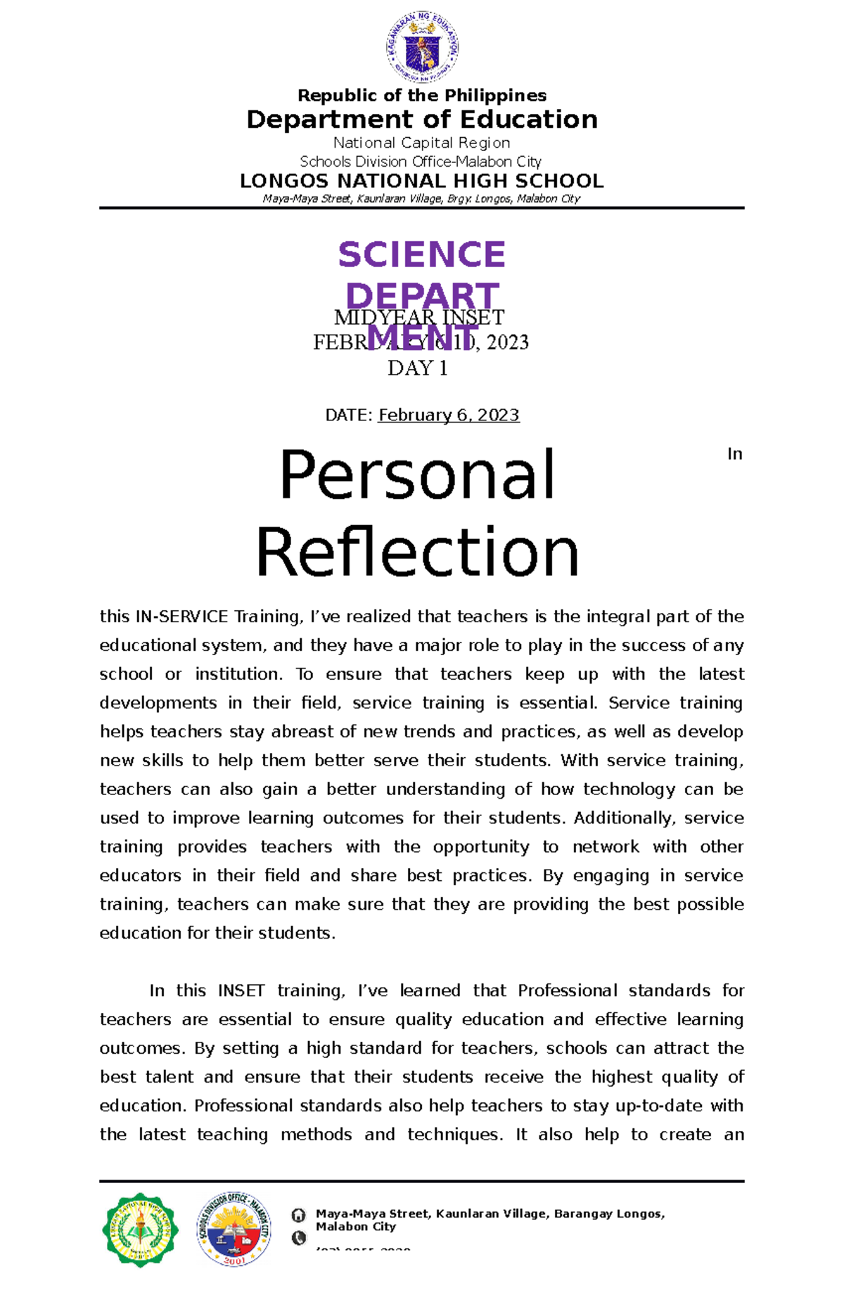 Reflection on INSET Training - Longos National HS - Feb 2023 - Studocu