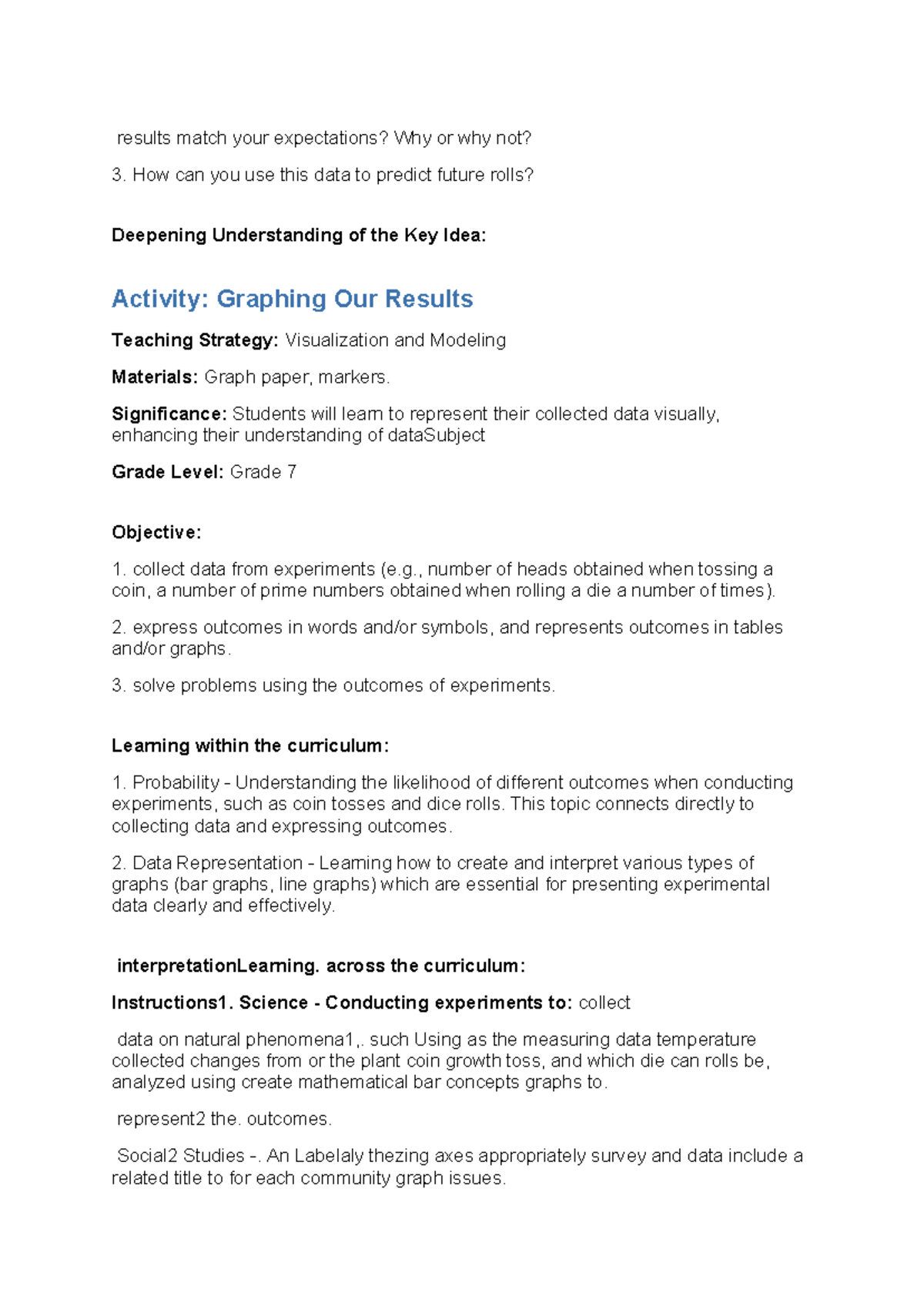 Grade 7 Lesson Plan: Data Collection & Graphing Outcomes Activities ...