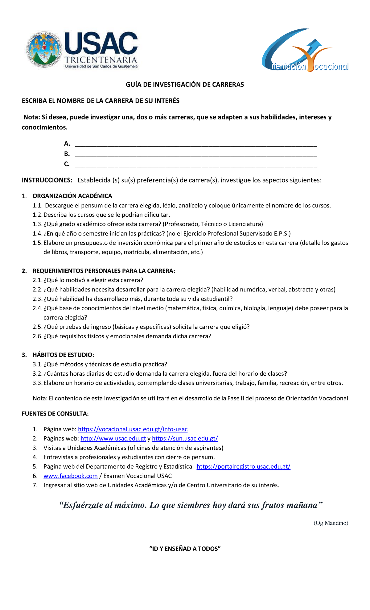Guía de Investigación de Carreras USAC: Instrucciones y Requisitos - Studocu