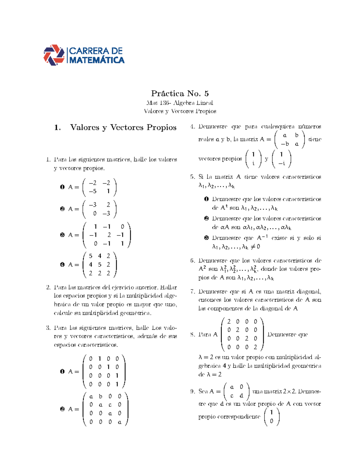 Práctica No. 5: Valores y Vectores Propios en Álgebra Lineal - Studocu