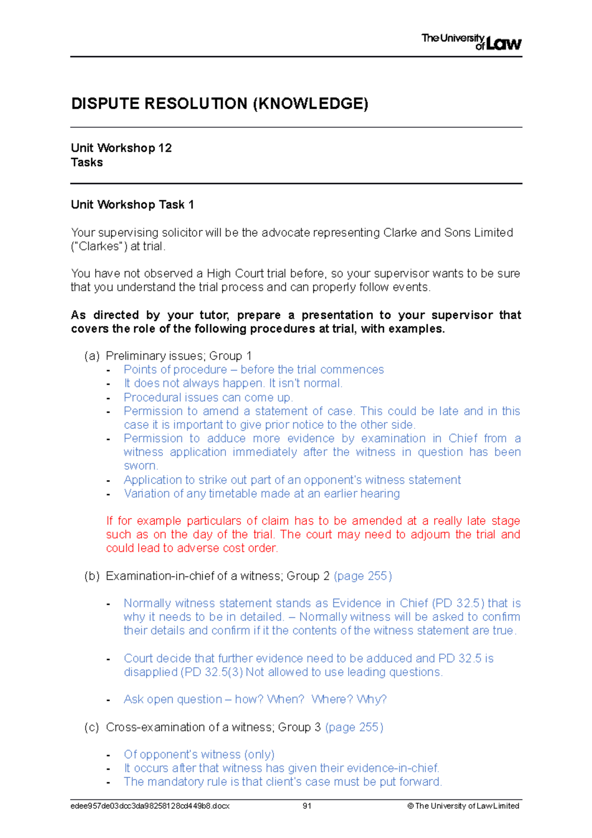Workshop 12 Tasks - DISPUTE RESOLUTION (KNOWLEDGE) Unit Workshop 12 ...