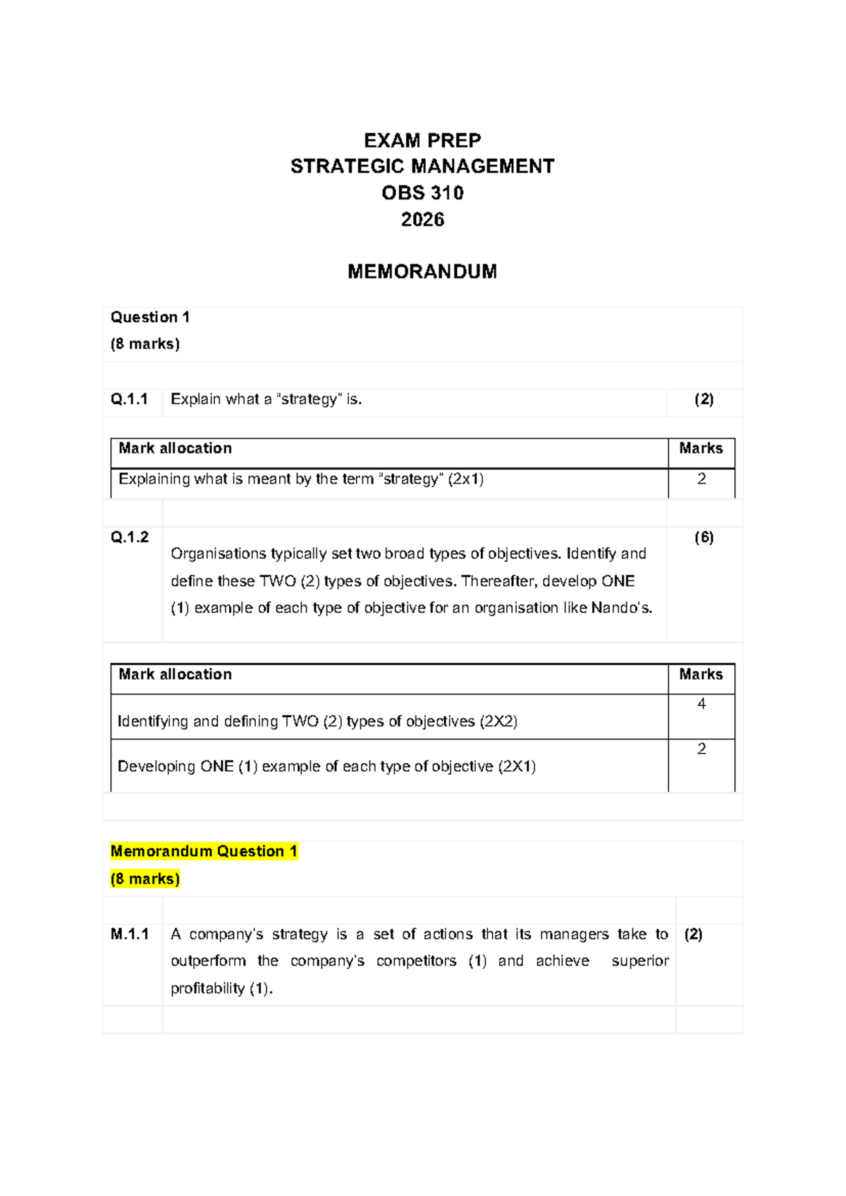 OBS310 EXAM PREP STRATEGIC MANAGEMENT MEMO 2026 - Studocu