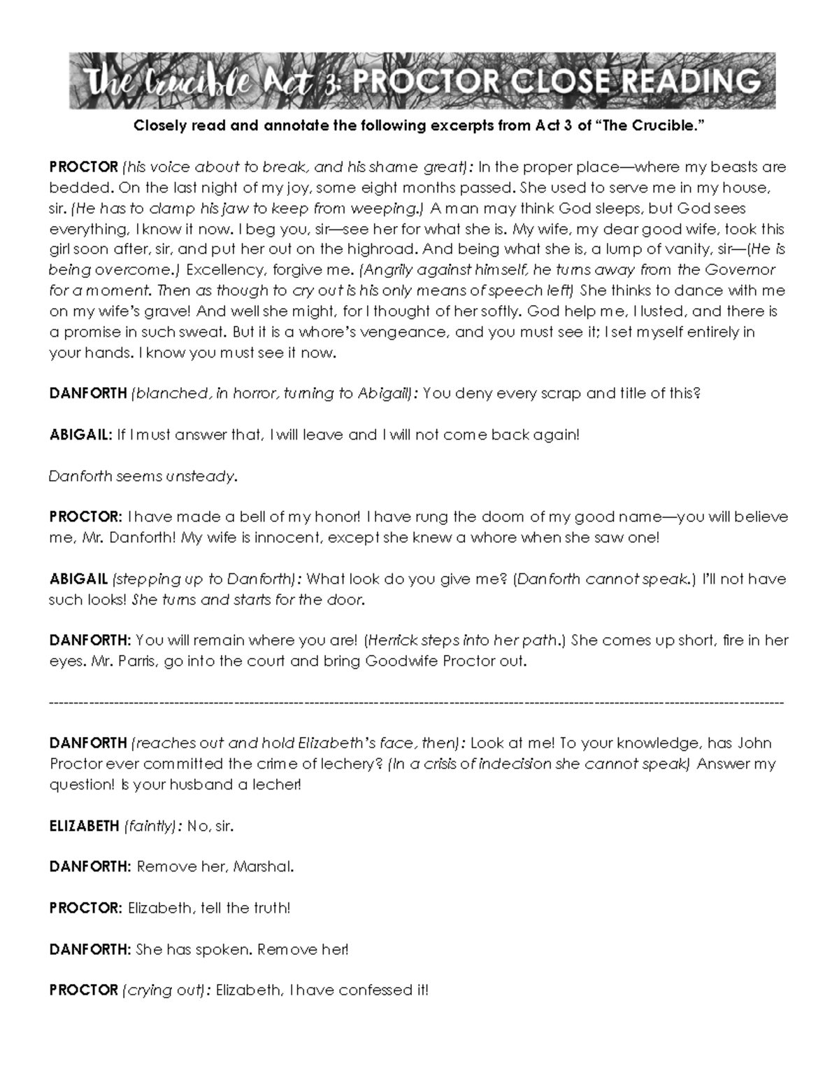 Crucible Act 3 Proctor Close Reading & Analysis Notes - Studocu