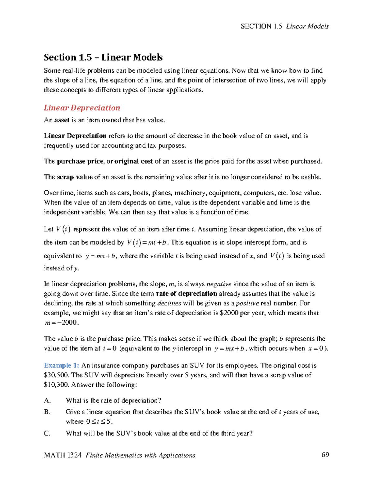 Cost, Revenue, and Profit Functions - MATH 1324 Note Guide - SECTION 1 Linear Models MATH 1324 ...
