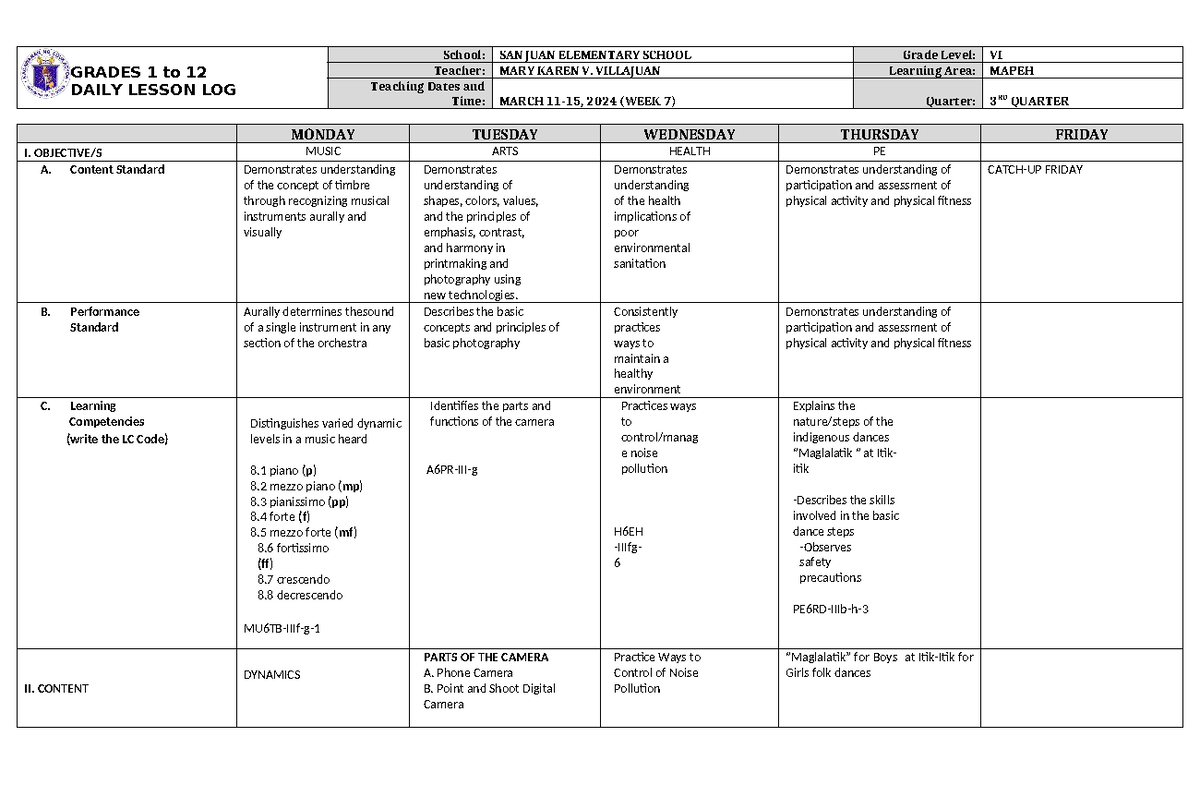 DLL MAPEH 6 Q3 W7: Daily Lesson Log for Grades 1-12 - Studocu