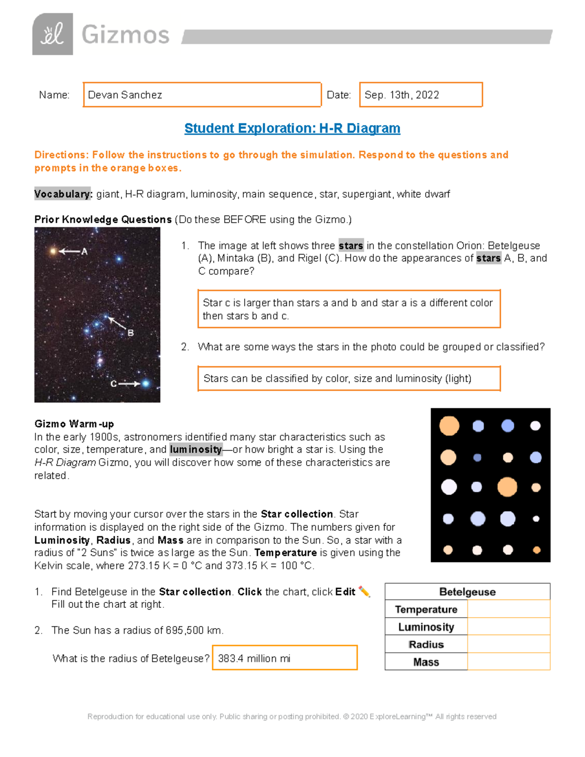 H-R Diagram Student Exploration SE - Gizmo Guide - Studocu