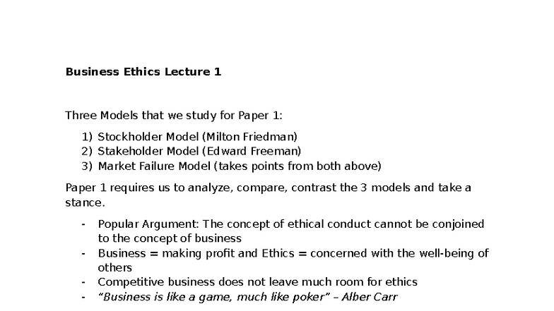 Business Ethics Lecture 1: Analyzing Three Ethical Models for Paper 1 ...