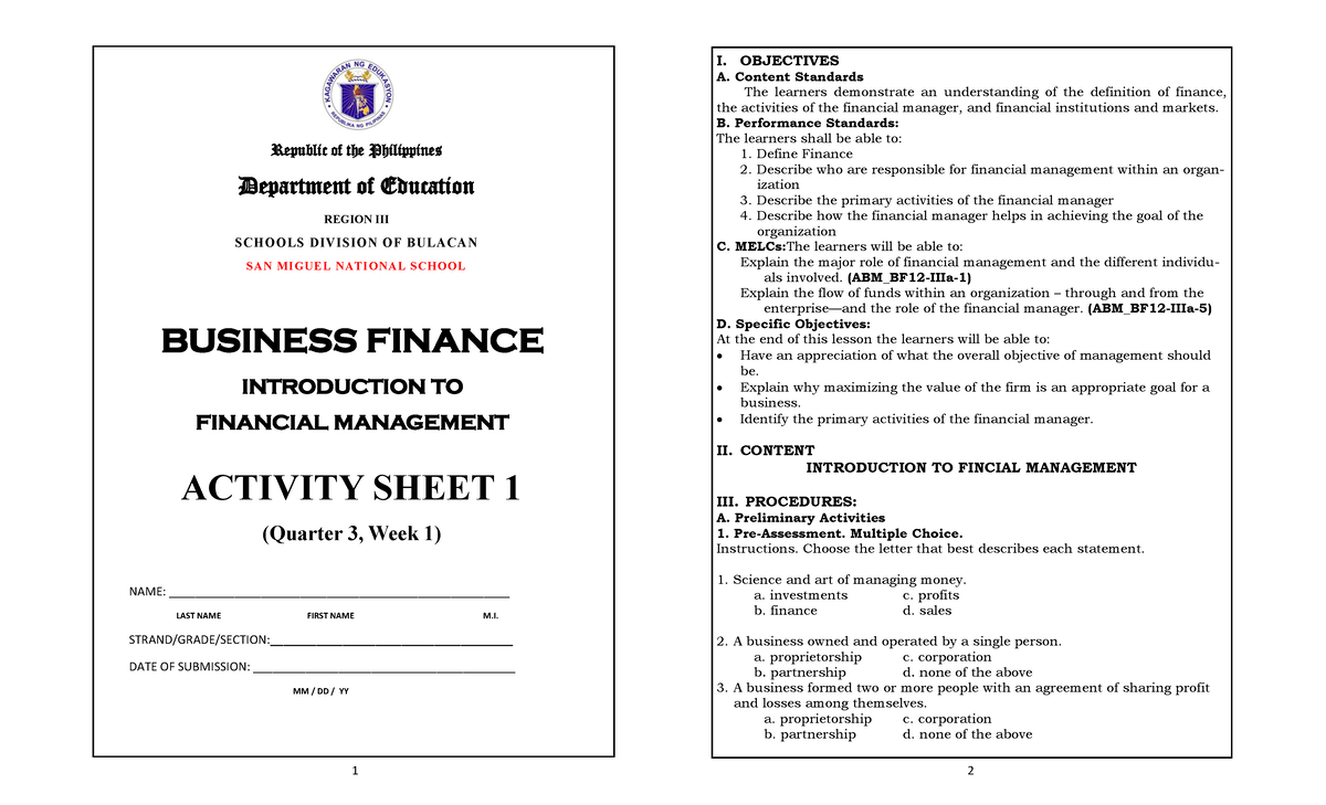 Q3-1: Intro to Financial Management Activity Sheet - Studocu