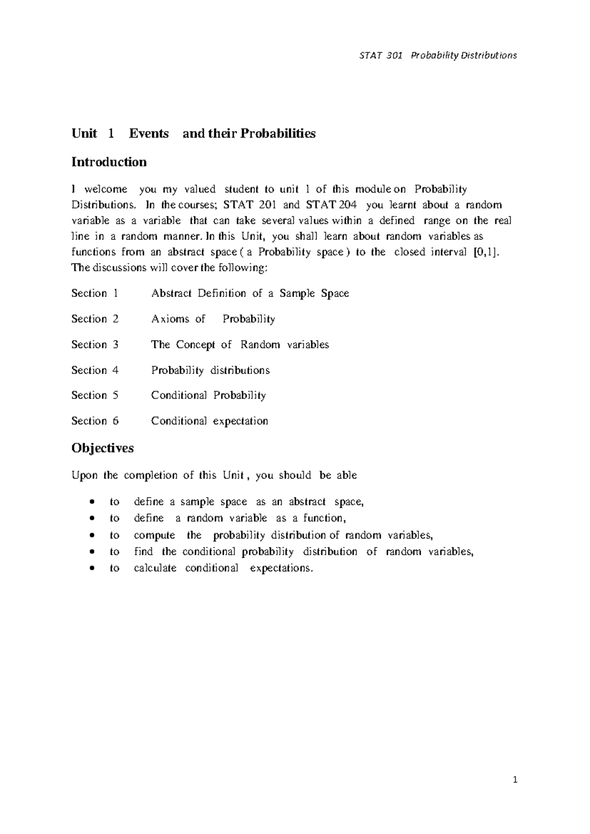 STAT 301 Probability Distributions: Unit 1 Overview and Key Concepts ...