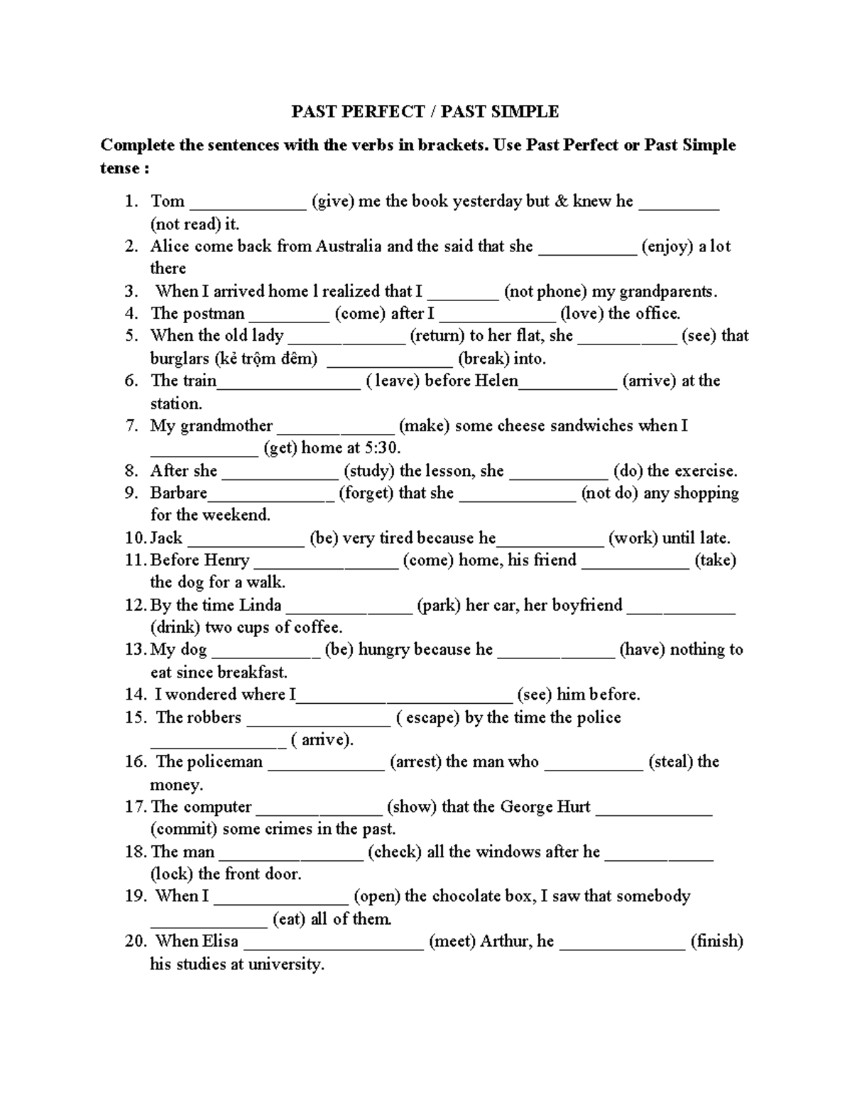 PAST Tenses Practice: Past Perfect & Past Simple Exercises - Studocu
