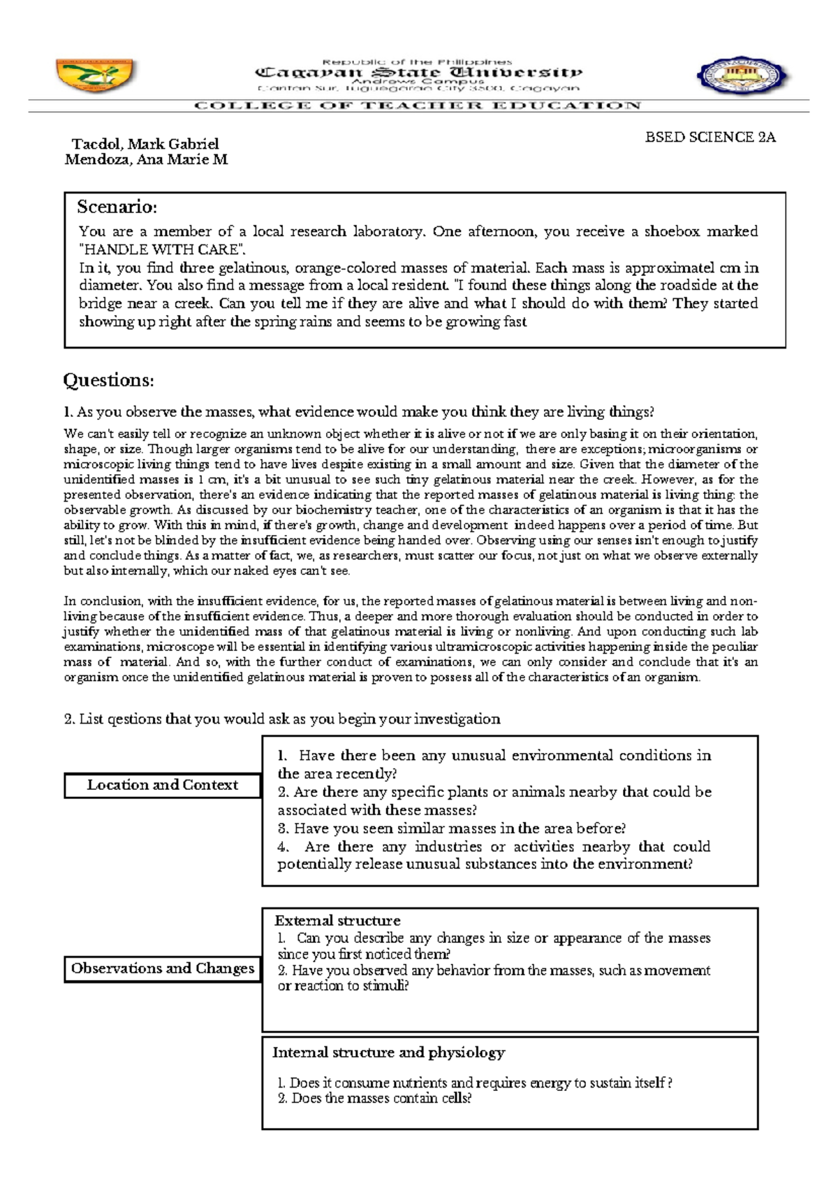 BSED SCIENCE 2A Biochemistry Activity: Investigating Gelatinous Masses ...