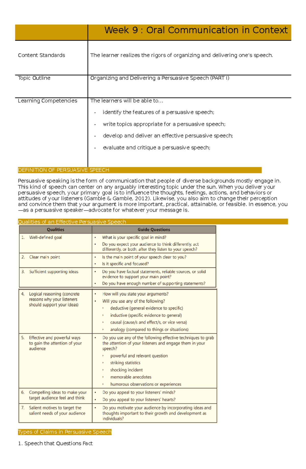 Oral Communication Week 9: Crafting a Persuasive Speech - Studocu