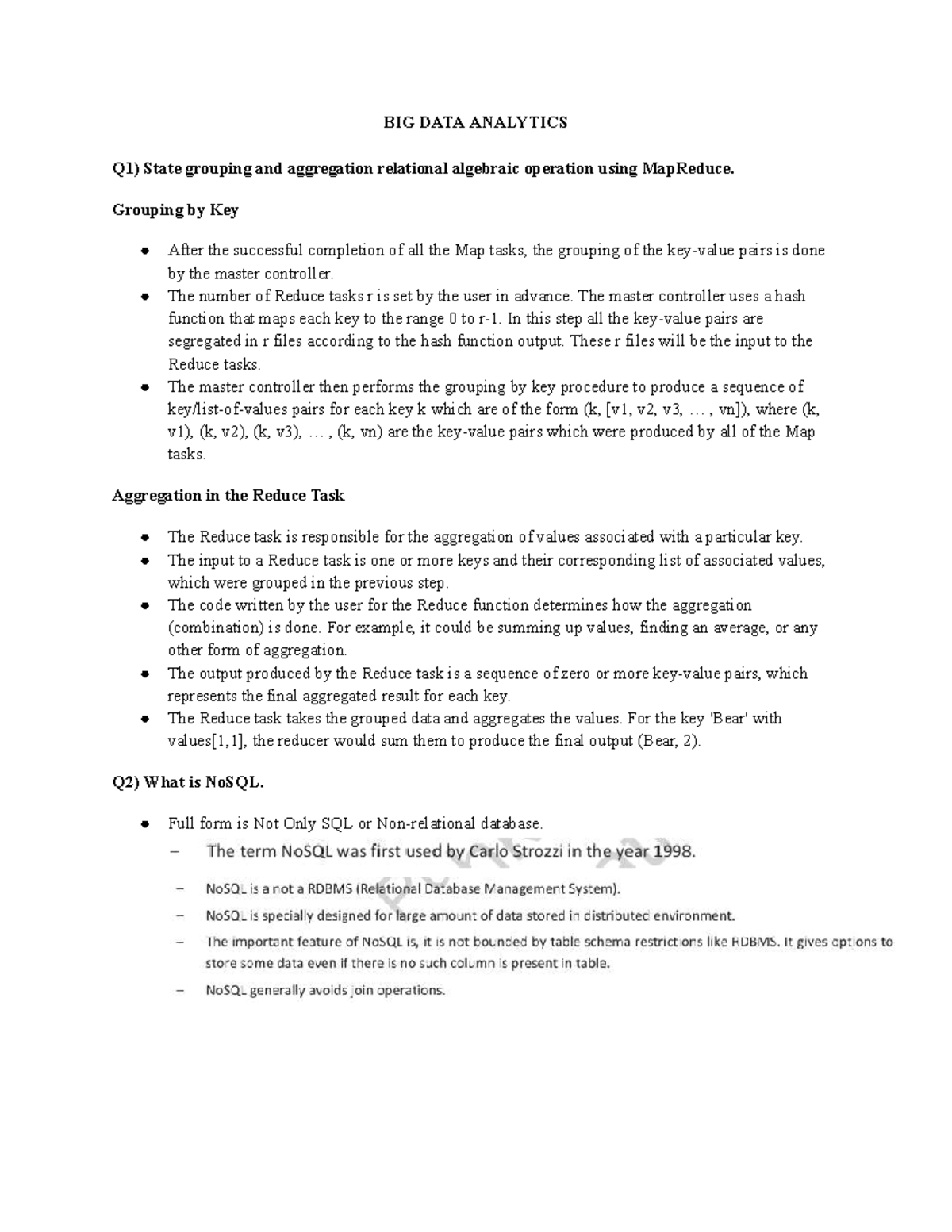 BDA UT 1 - Big Data Analytics: MapReduce & NoSQL Overview - Studocu
