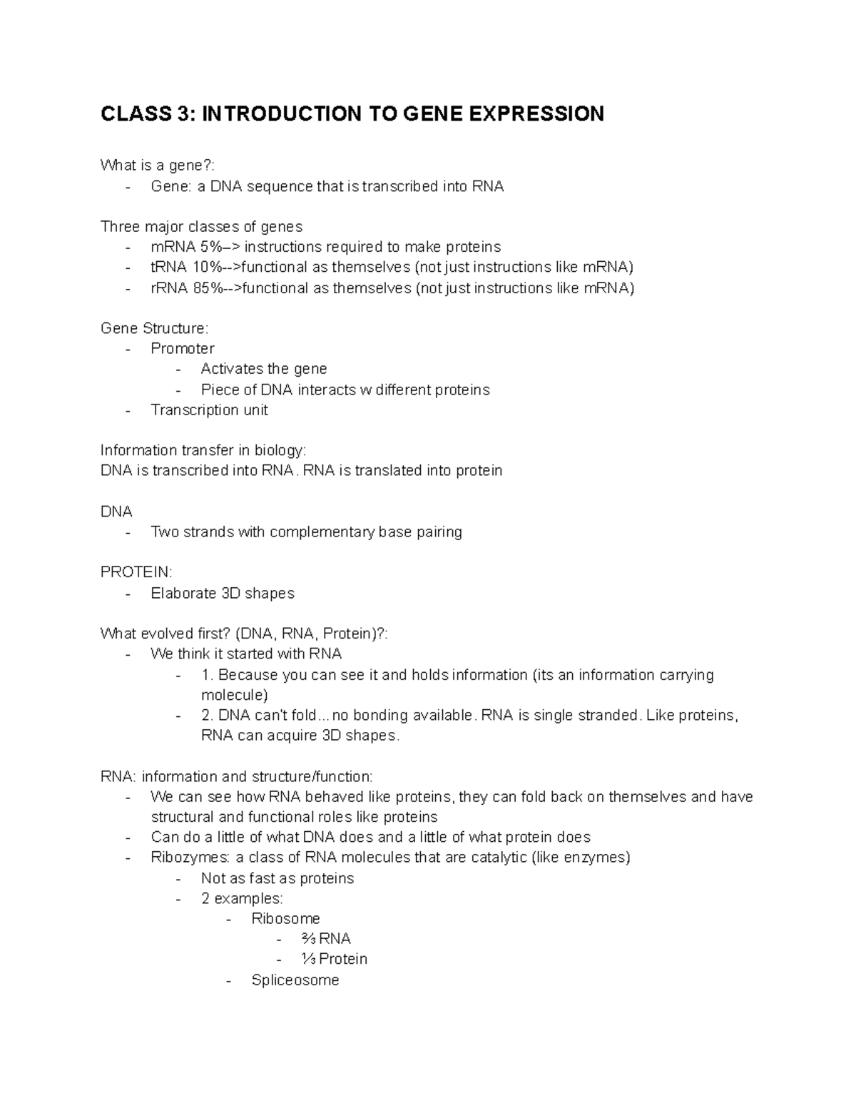 Biology 1002B Class 3: Gene Expression Overview and Notes - Studocu