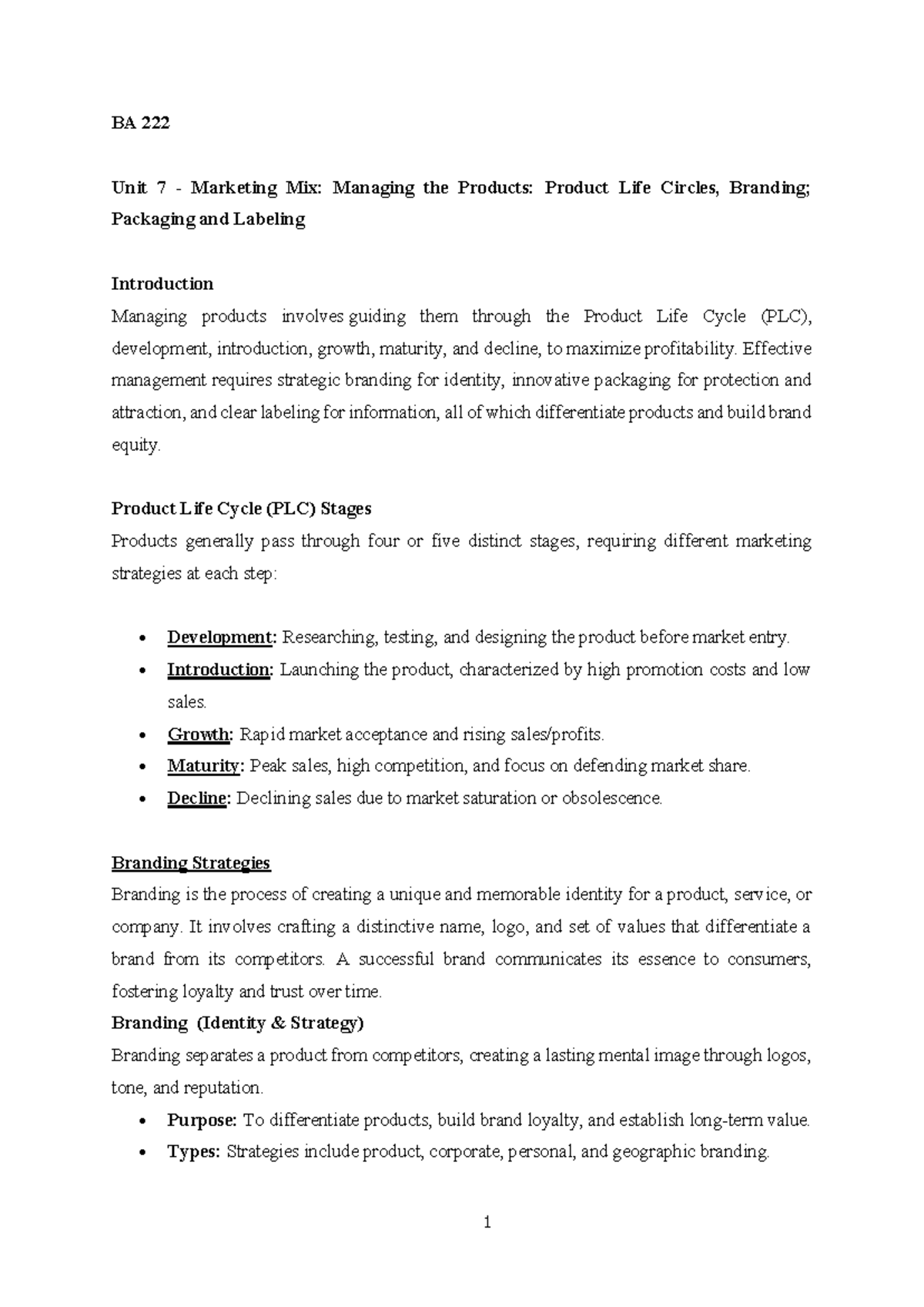 BA 222 Unit 7 - Marketing Mix: Product Management - Studocu