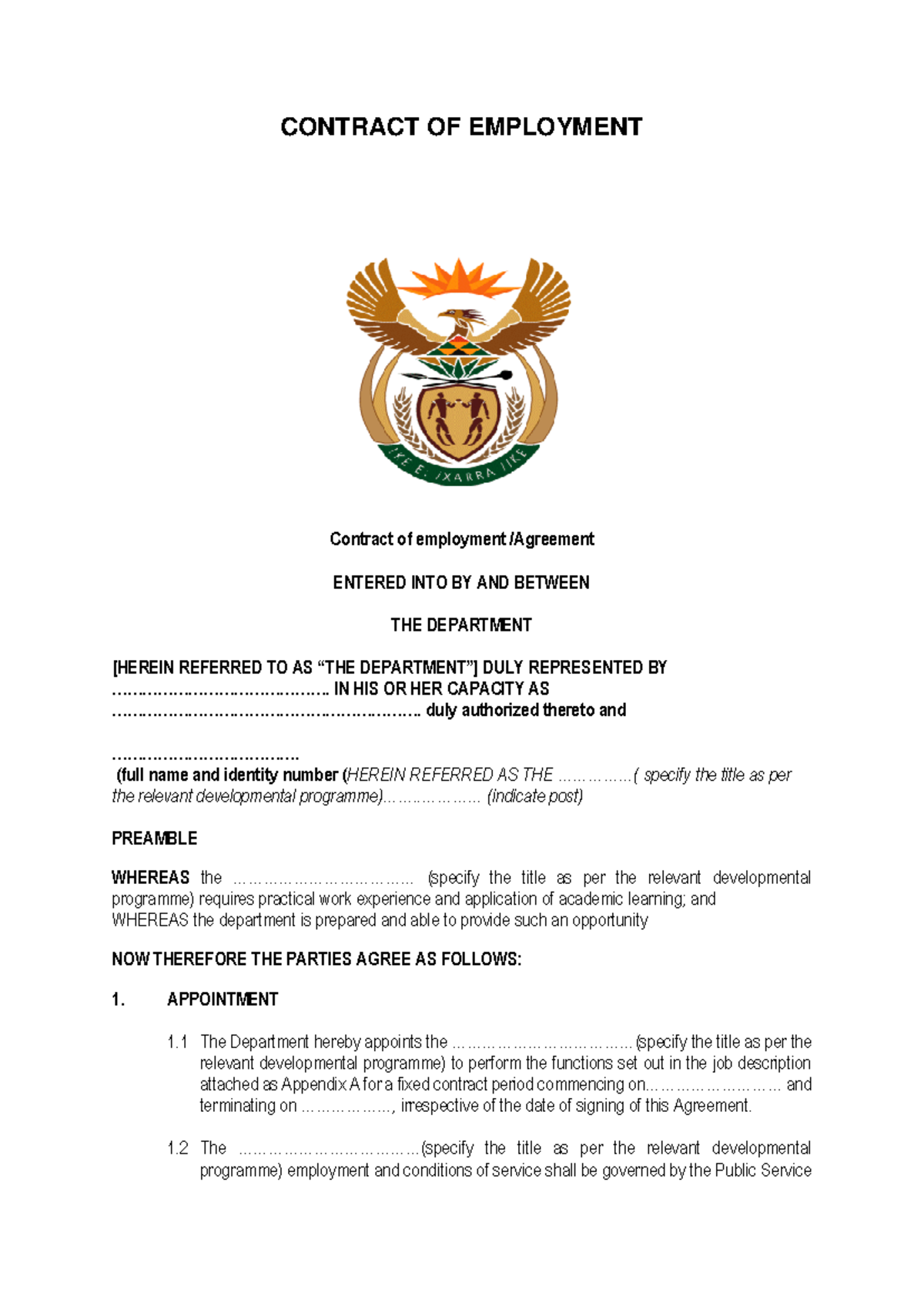 Contract OF Employment - CONTRACT OF EMPLOYMENT Contract of employment ...