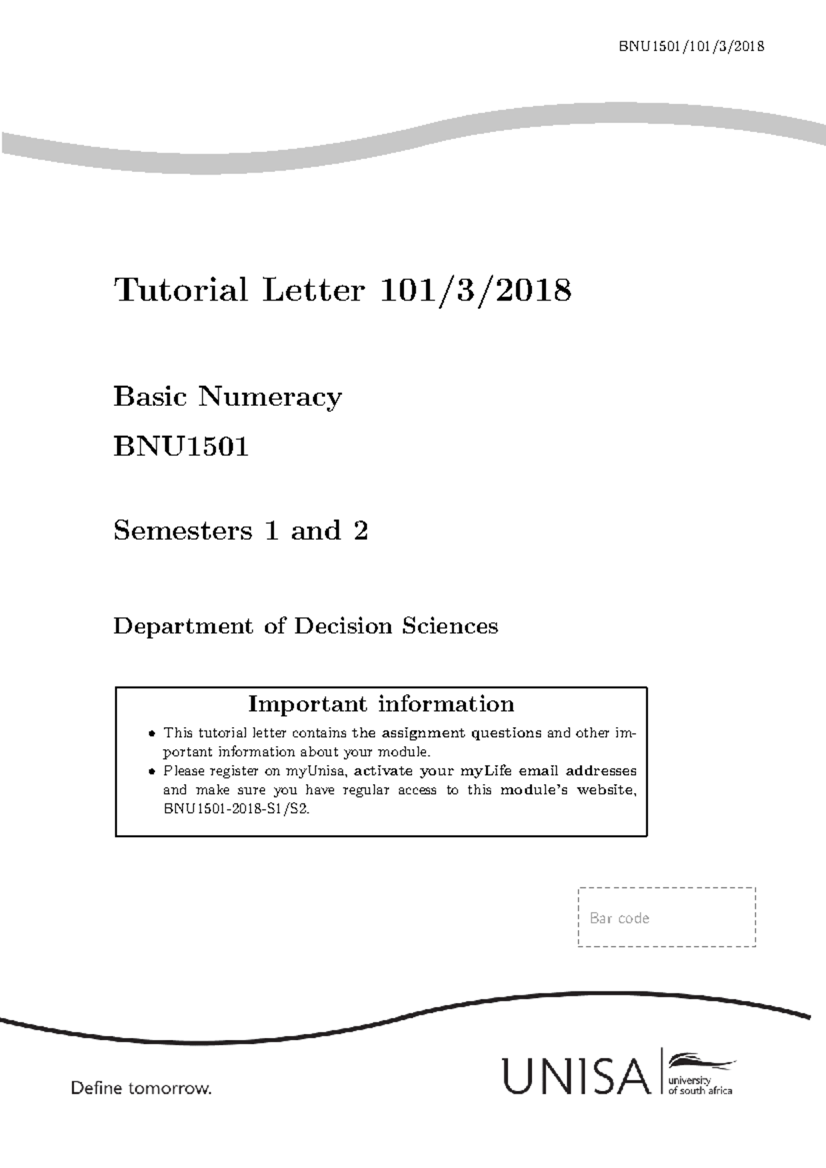 BNU1501 Tutorial Letter: Basic Numeracy Assignment Info & Guidelines ...