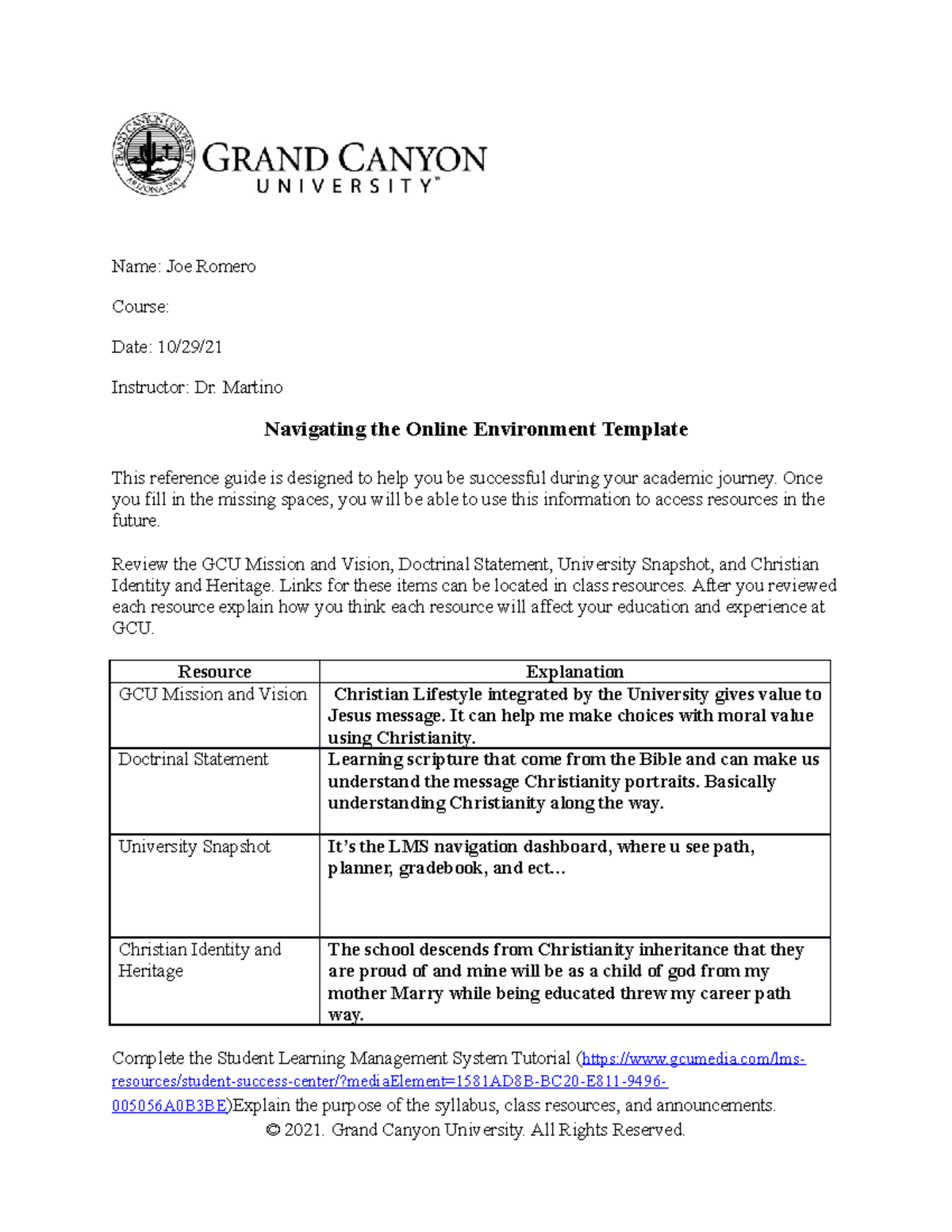 GCU DOC 1 - example - Name: Joe Romero Course: Date: 10/29/ Instructor ...