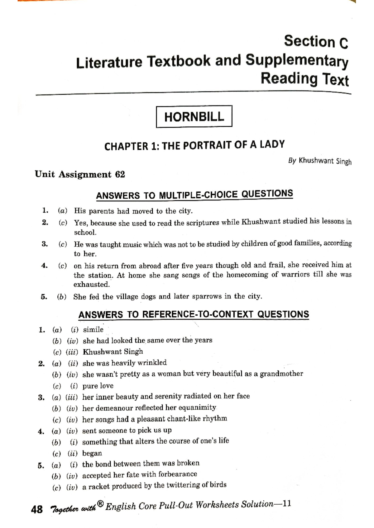 Class 11 English Literature Unit Assignment Answer Key: Hornbill Chapters 1 & 2 - Studocu