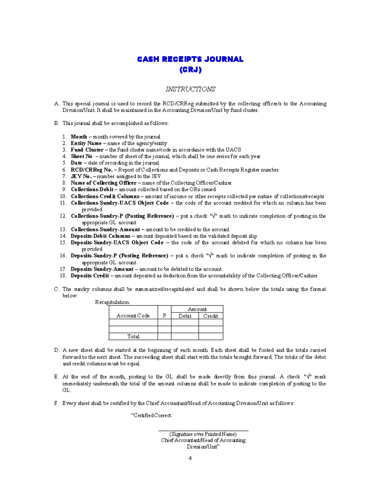 CASH RECEIPTS JOURNAL (CRJ) MAINTENANCE INSTRUCTIONS - Studocu