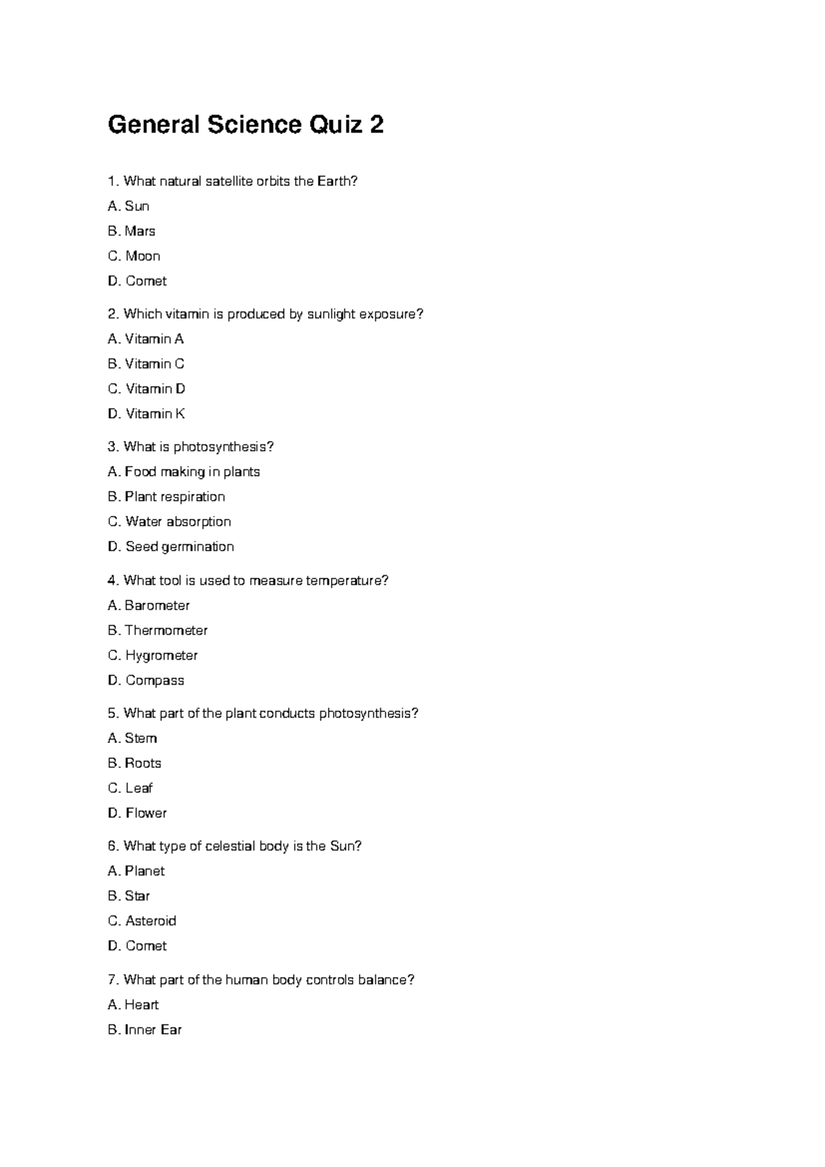 General Science Quiz 2 - Key Concepts and Questions - Studocu