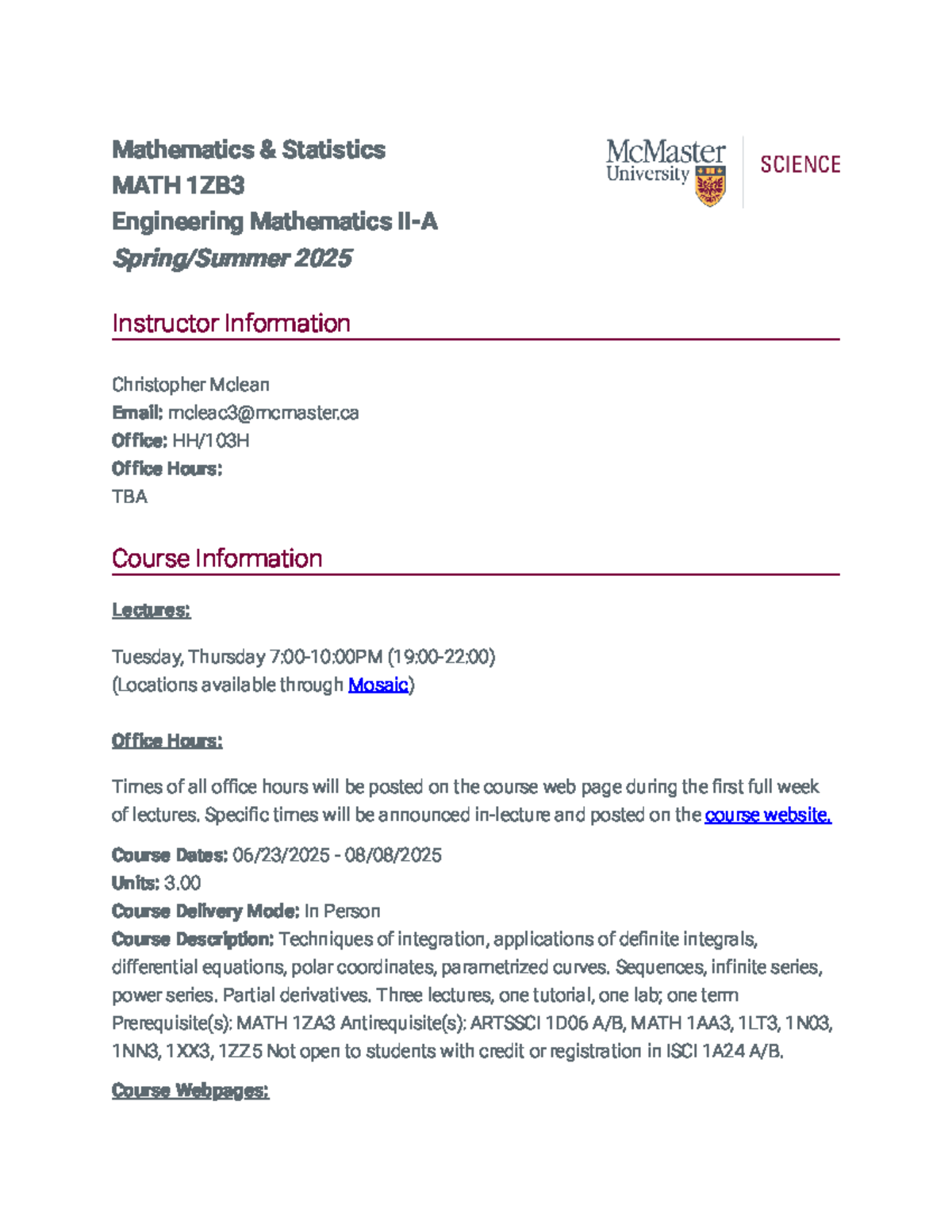 Spring/Summer 2025 MATH 1ZB3 Engineering Mathematics II Overview - Studocu