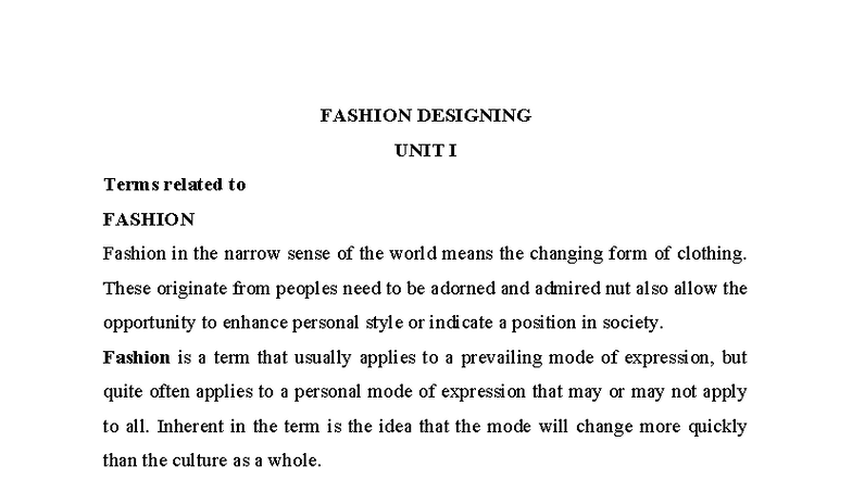 Fashion Designing UNIT I: Key Concepts and Terminology - Studocu