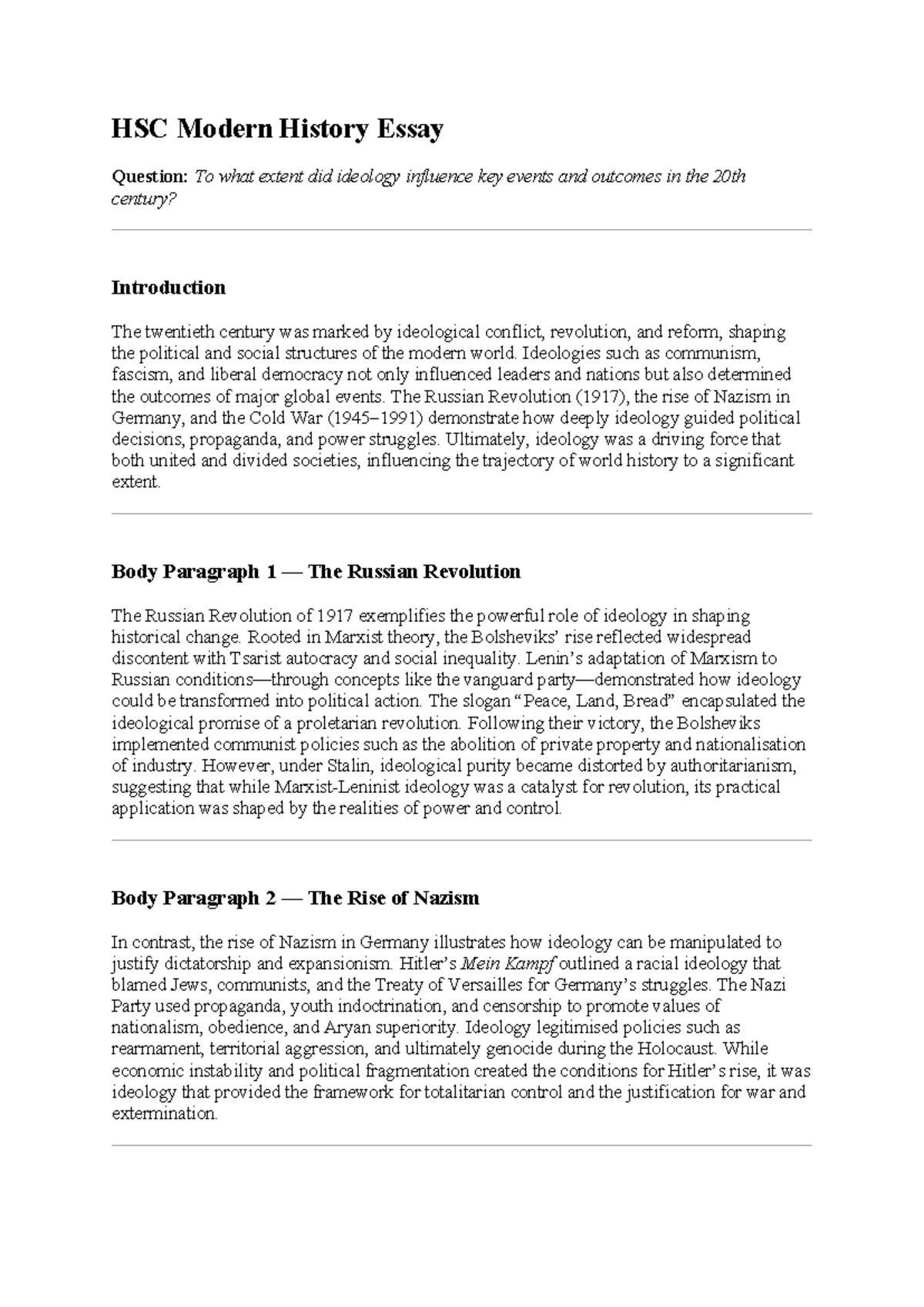 HSC Modern History Essay: Ideology's Impact on 20th Century Events ...